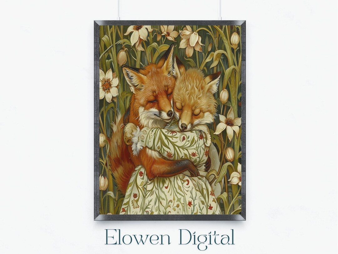 Fox Embrace Nursery Art, Printable Wall Art William Morris Flowers and ...