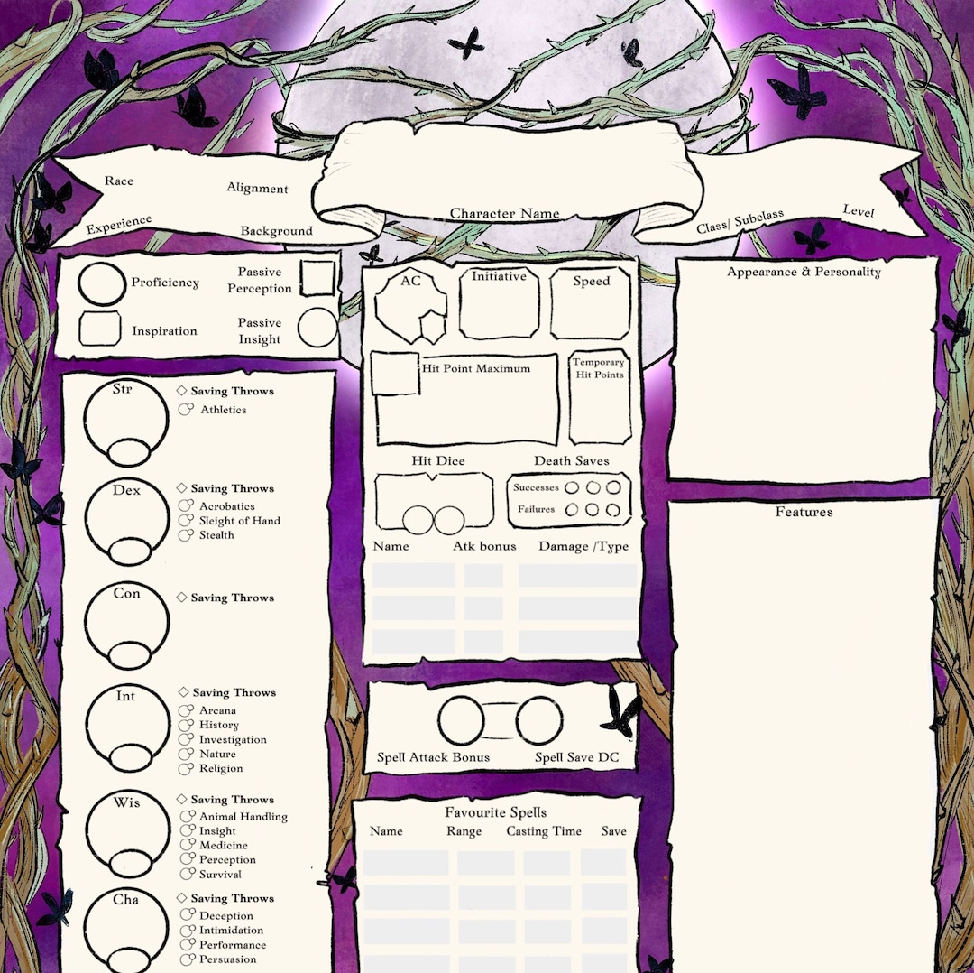 Lunar Fey / Dnd Character Sheet PDF / 5e Character Sheet Druid Dnd ...