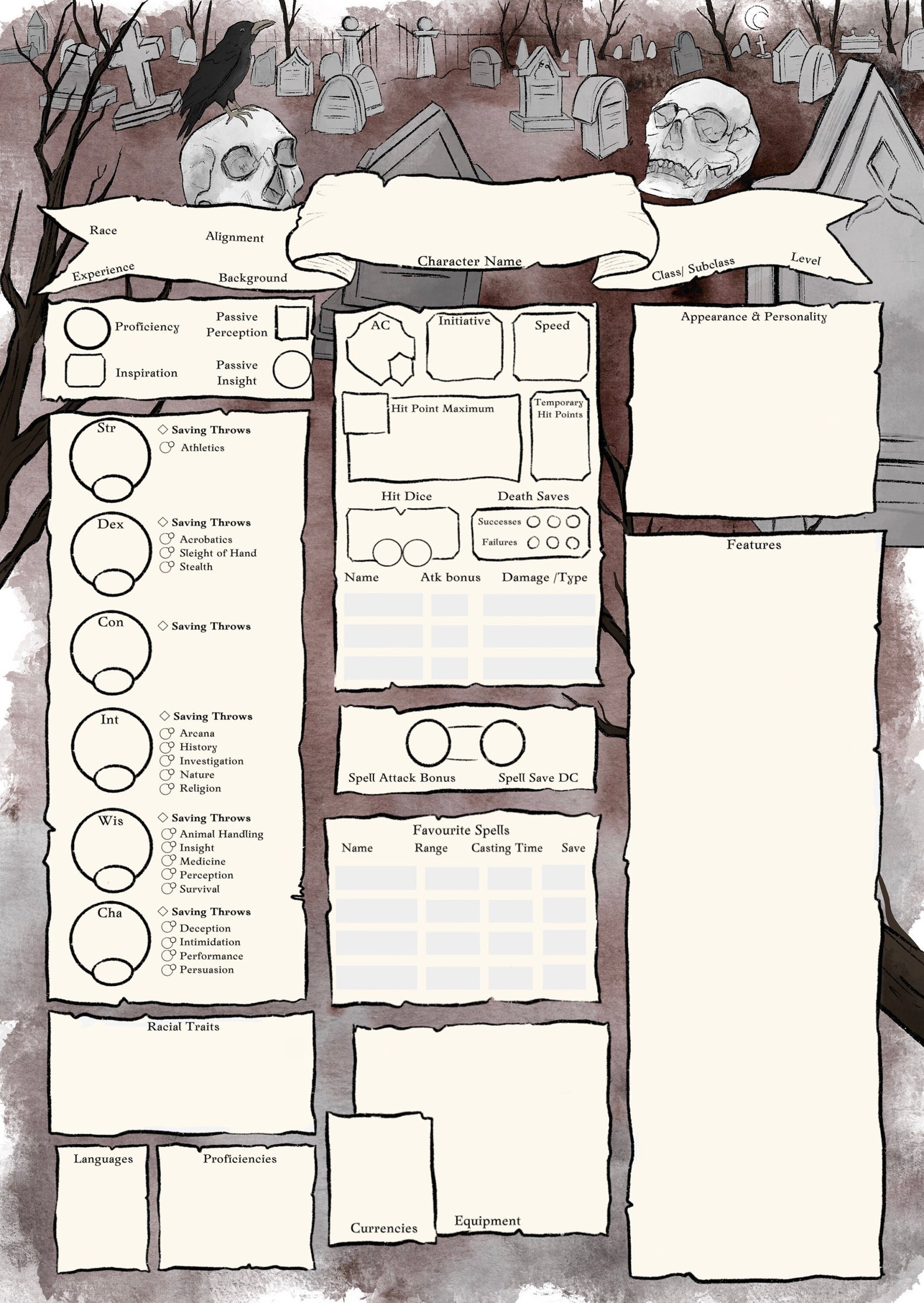 Graveyard Dnd 5e Character Sheet: Necromancer, Wizard, Cleric (PDF ...