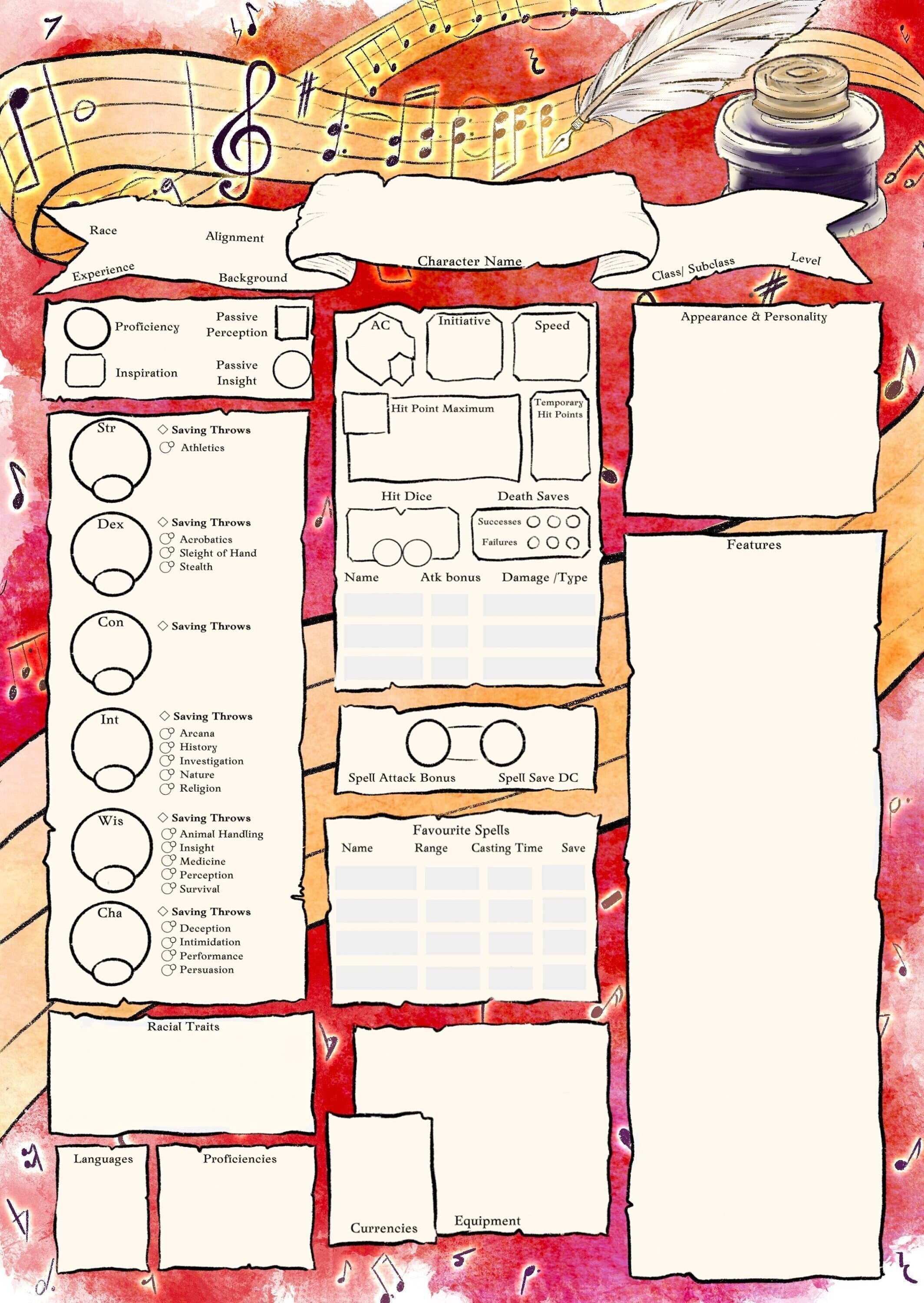 Sonata / Dnd Bard Character Sheet / Dnd Character Sheet PDF / Dnd 5e ...