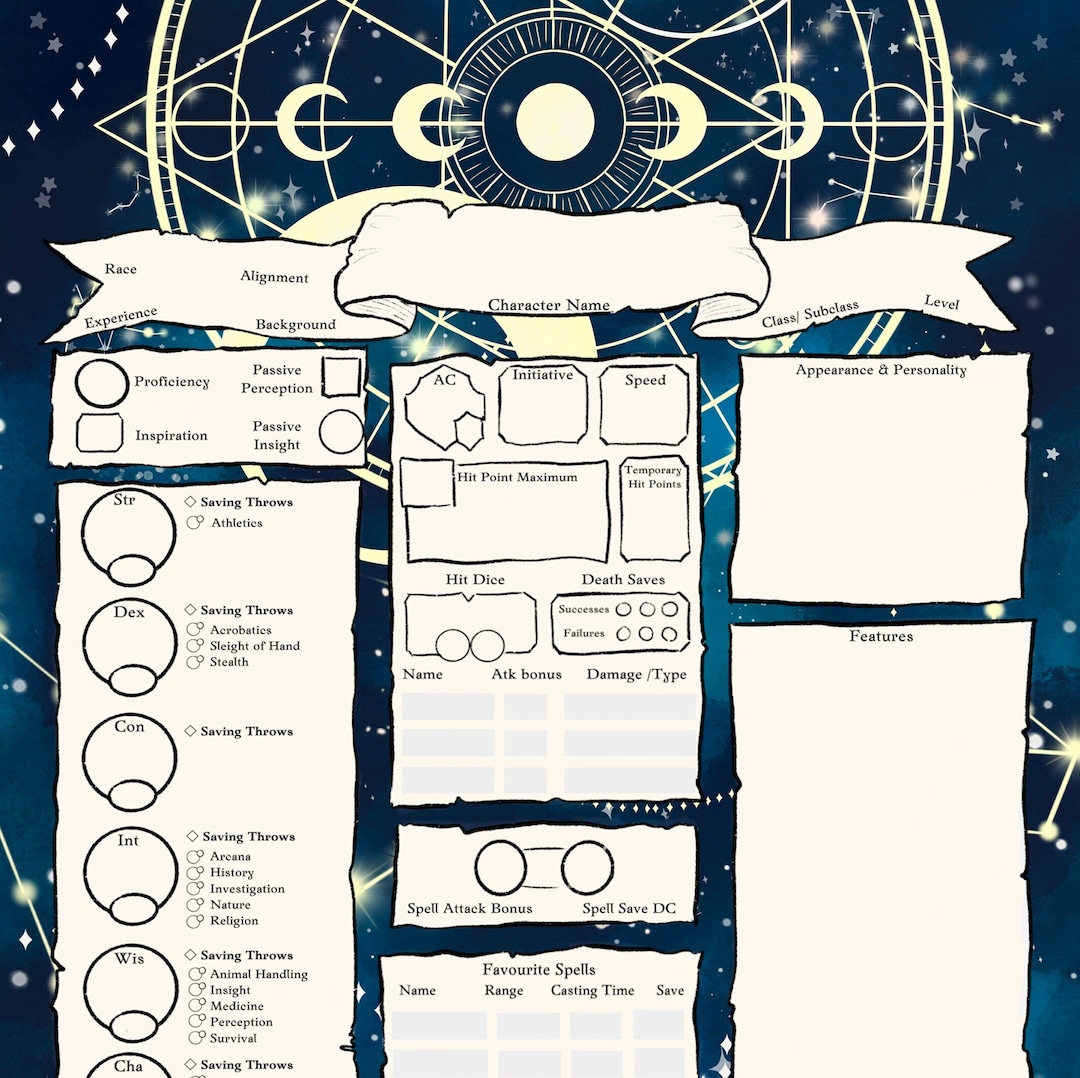 Celestial Skies / Dnd Character Sheet PDF / Dnd Character Journal ...