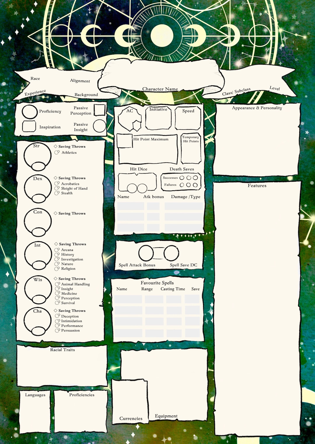 Celestial Skies / Dnd Character Sheet PDF / Dnd Character Journal / Dnd ...
