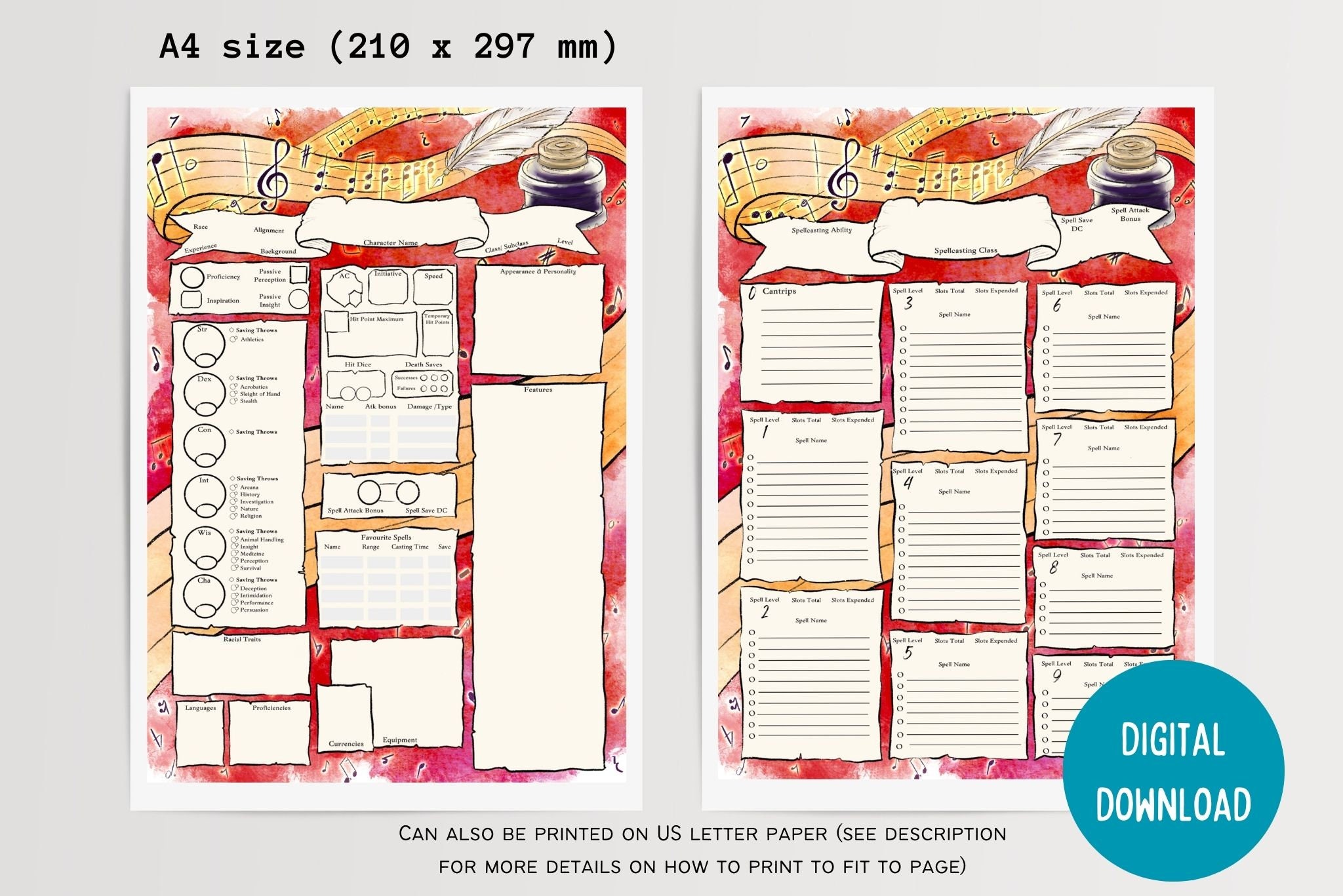 Sonata / Dnd Bard Character Sheet / Dnd Character Sheet PDF / - Etsy ...