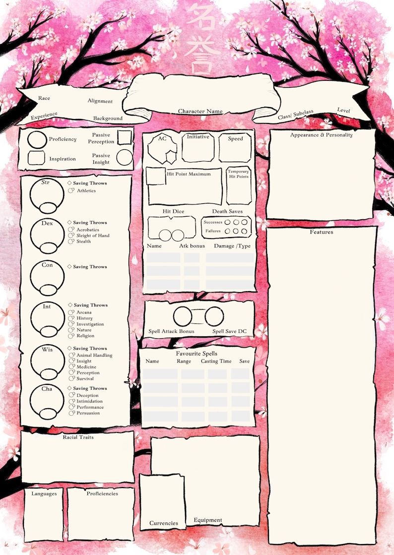 Hanami D&D Character Sheet: Japan Inspired 5e Journal (PDF) - Etsy