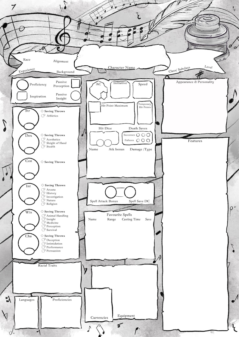 Sonata / Dnd Bard Character Sheet / Dnd Character Sheet PDF / - Etsy