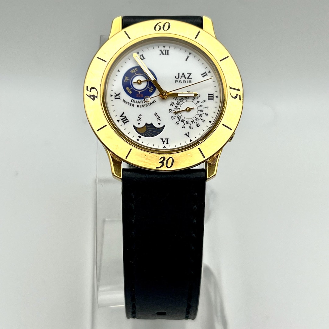 Vintage Jaz 18K Gold Plated Unisex Watch Paris Moon Phase Dress Casual ...