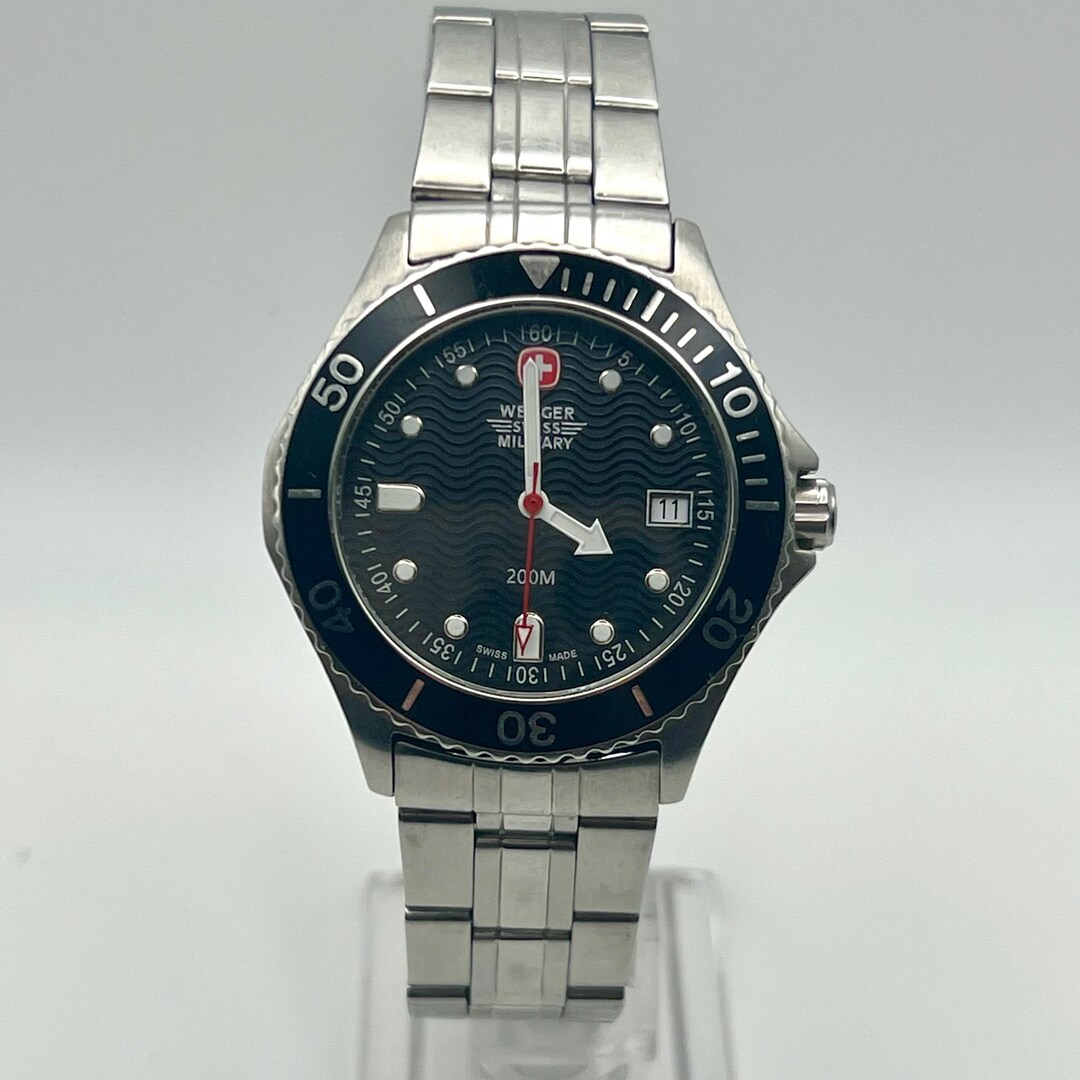 Vintage Wenger 90's Mens Swiss Military Diver 200M Black Silver Watch ...