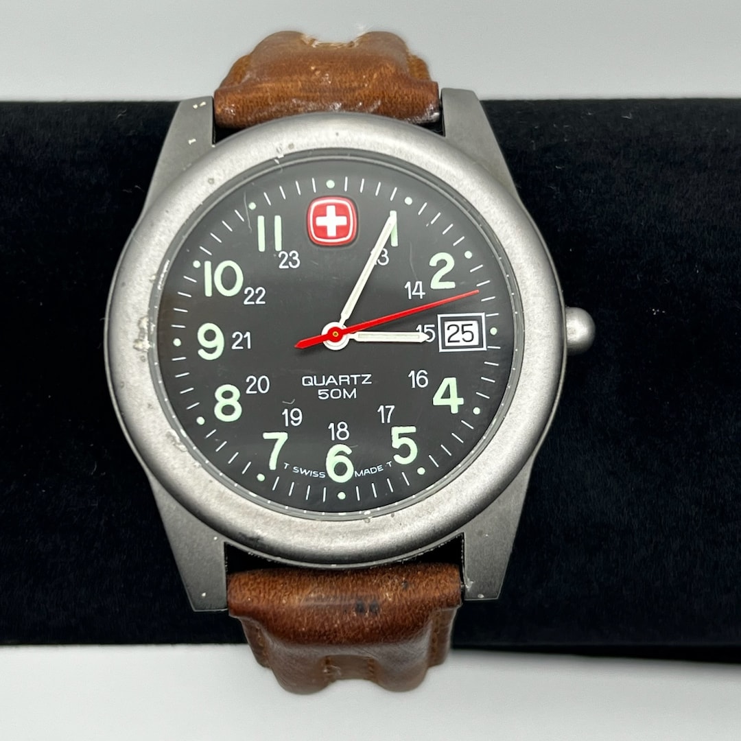Vintage 1996 Wenger Mens Watch: SAK Design Round Brown Leather Strap ...