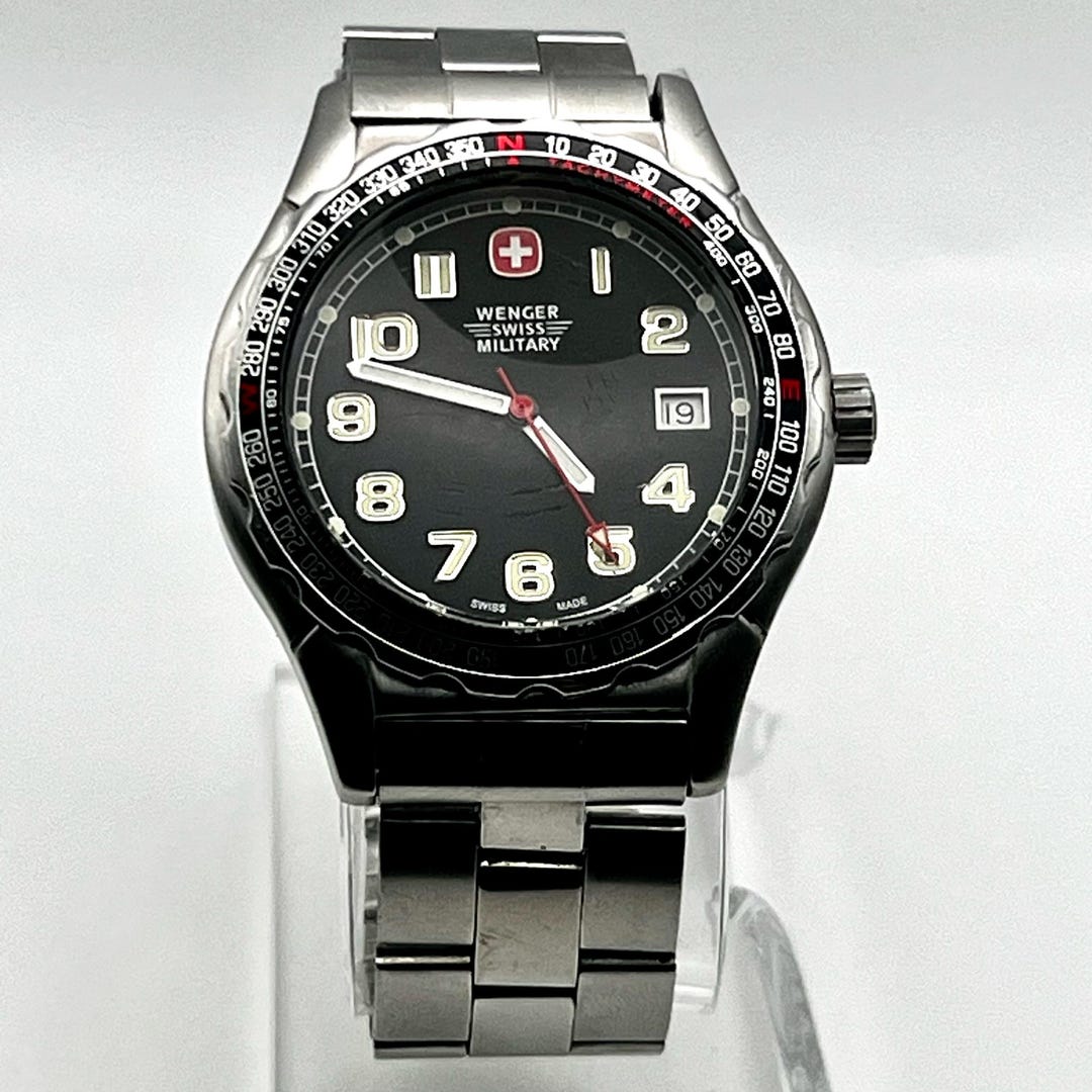 Vintage Wenger Swiss Military 90's Round Black and Silver Divers 100M ...