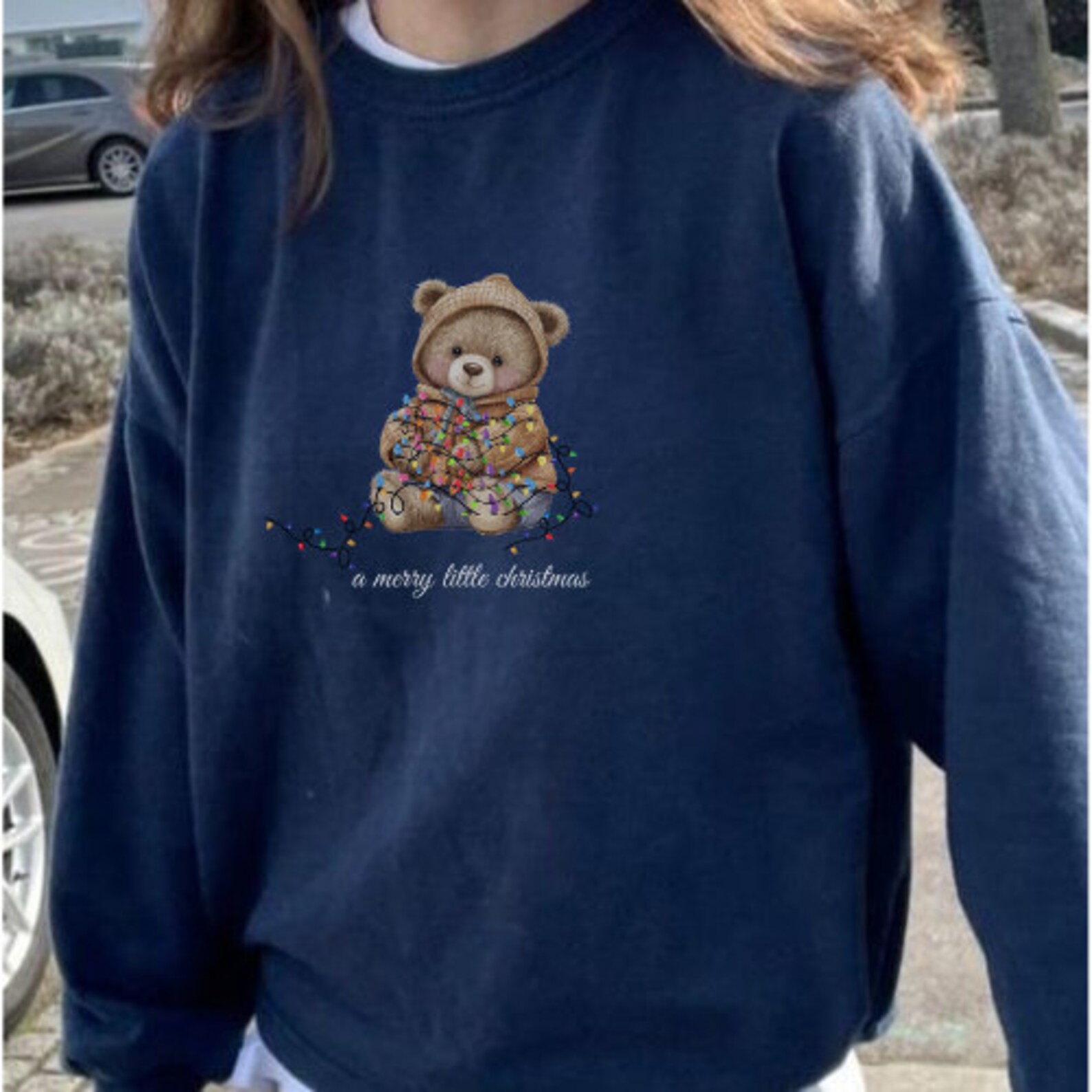 Navy Blue Christmas Sweater, Christmas Bear W/ Tangled Lights, Cute ...