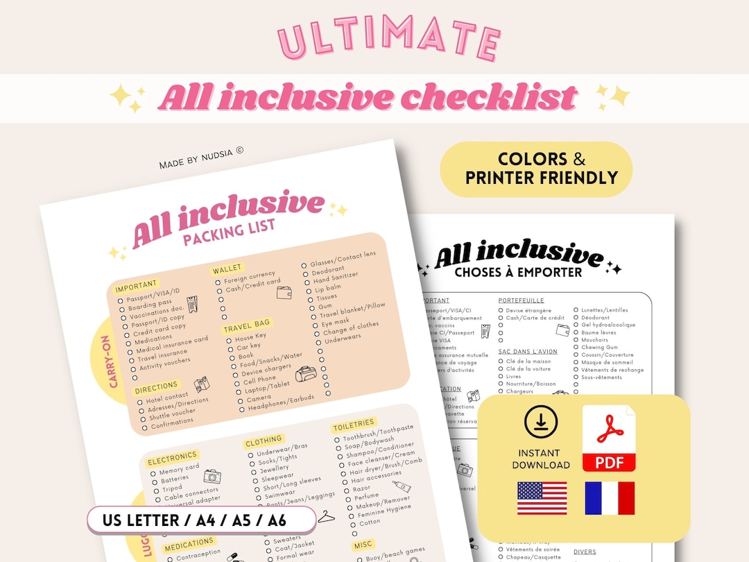 All Inclusive Packing List, Printable Travel Checklist Template PDF ...