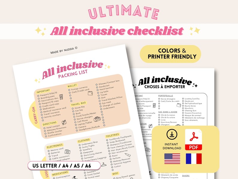 All Inclusive Packing List, Printable Travel Checklist Template PDF ...
