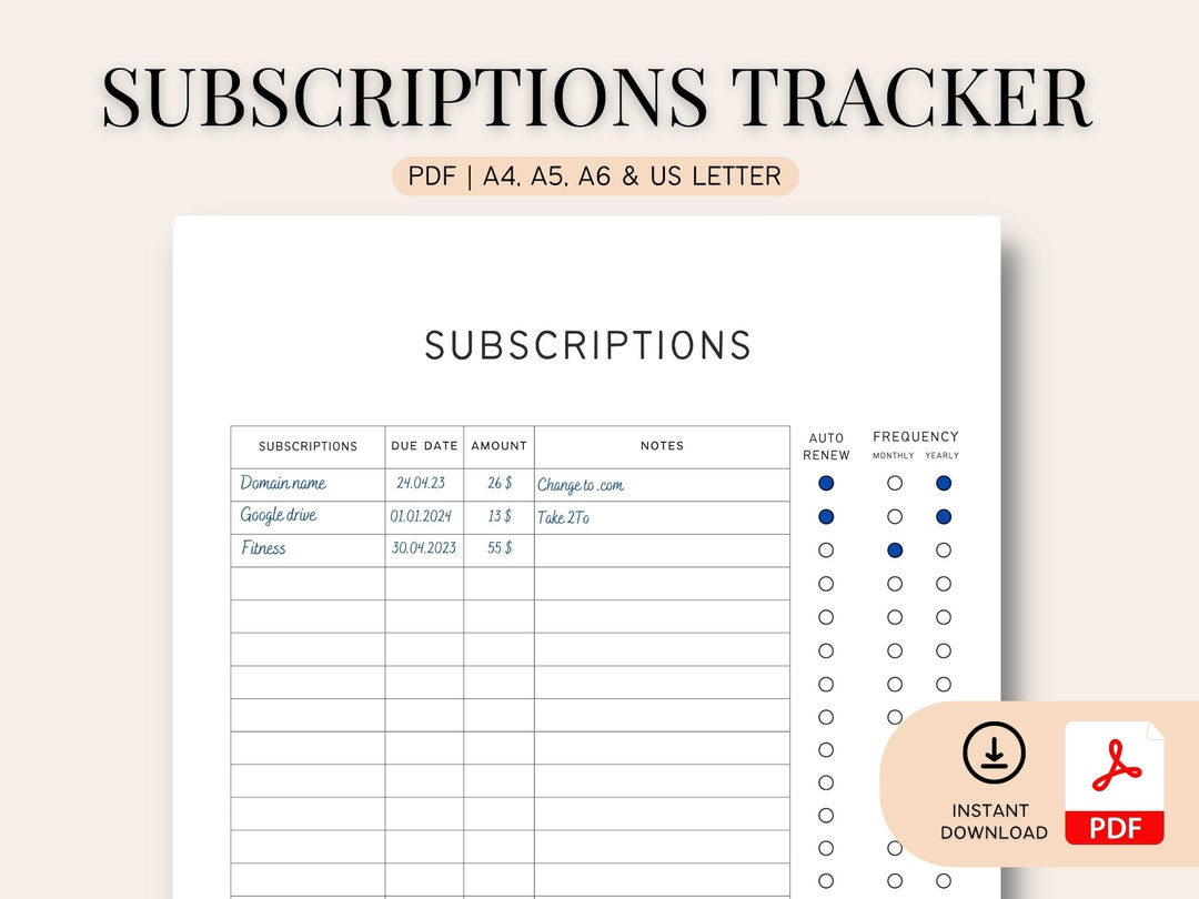 Printable Subscription Tracker, Membership Log, Membership Tracking ...