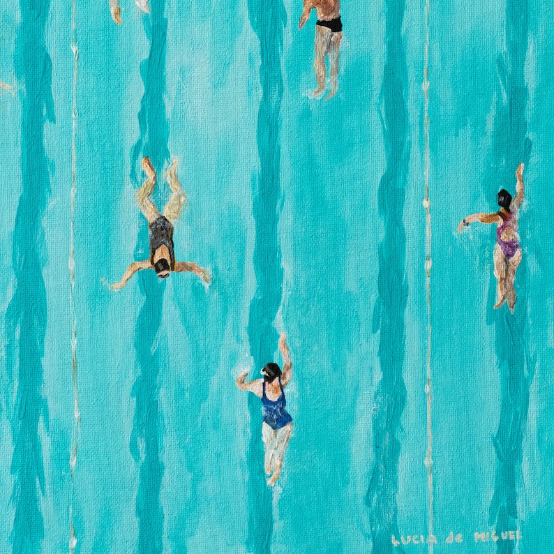 Swimming Pool Art Print Blue Art Swimmers Aerial View Art Minimalist ...