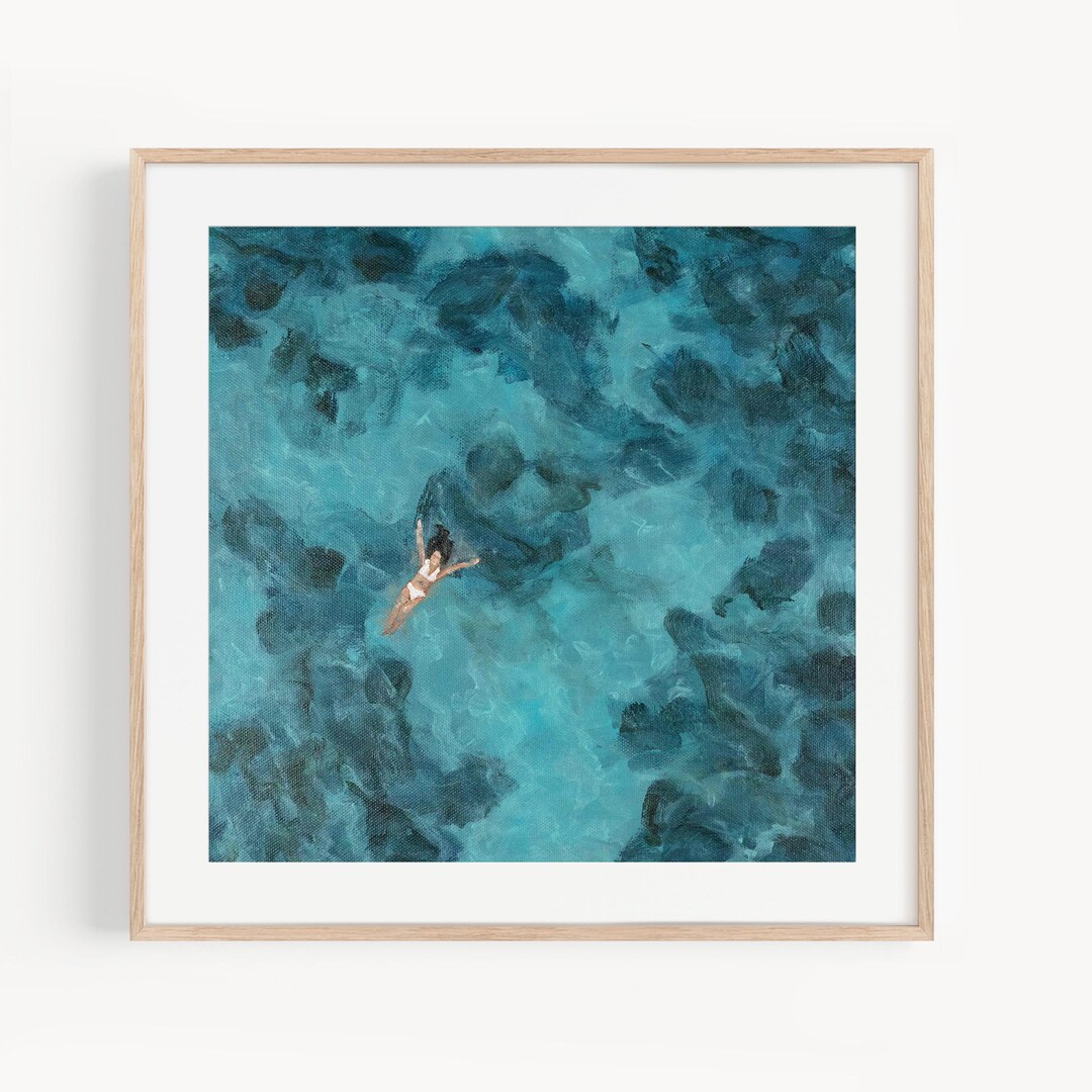 Ocean Art Print Float in Water Blue Art Clear Water Seascape Girl Floating in the Ocean Wall ...