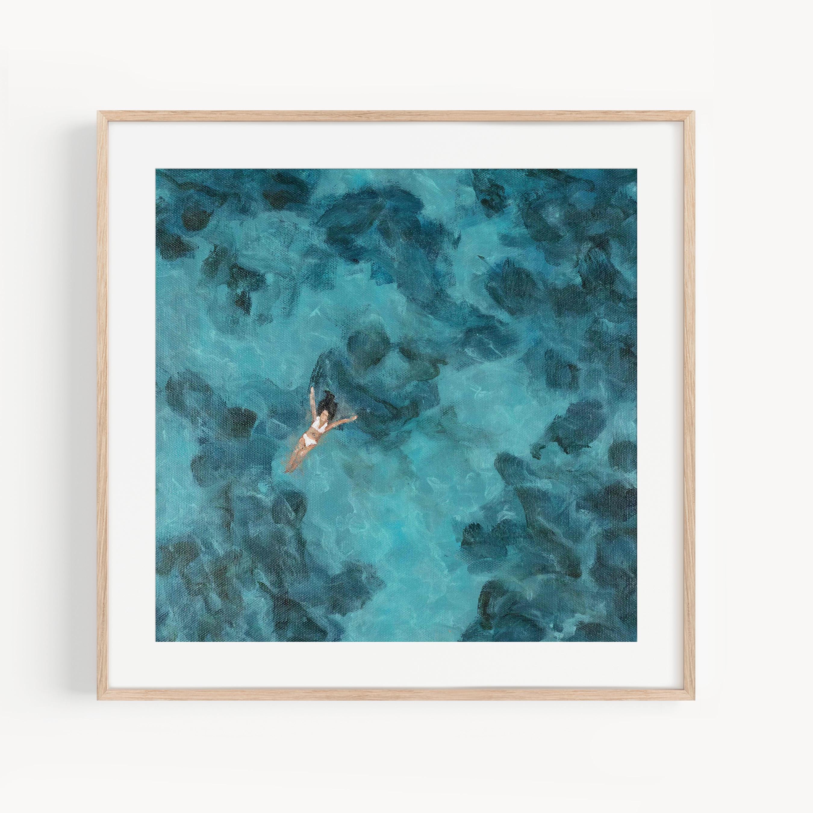 Ocean Art Print Float in Water Blue Art Clear Water Seascape Girl ...