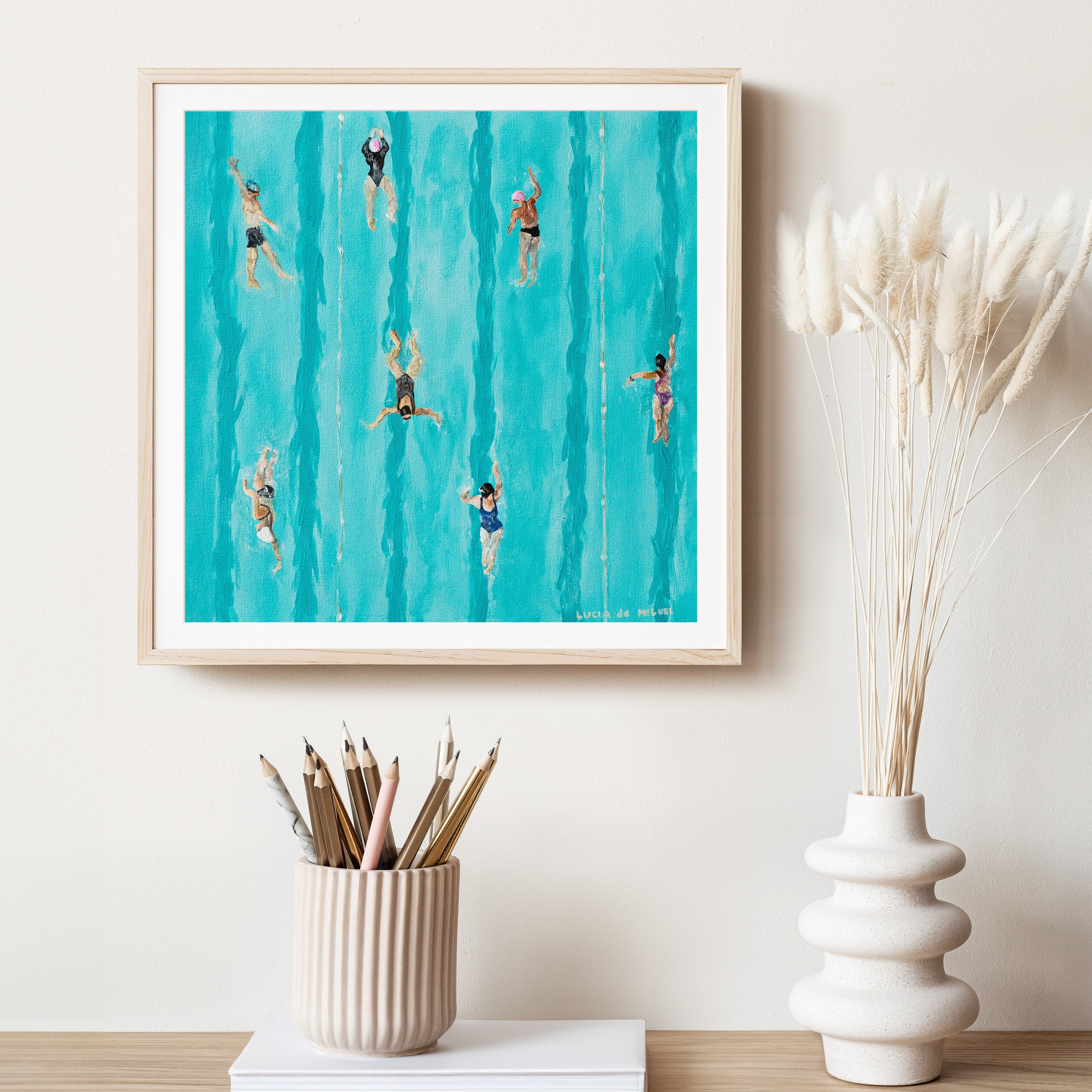 Swimming Pool Art Print Blue Art Swimmers Aerial View Art Minimalist ...