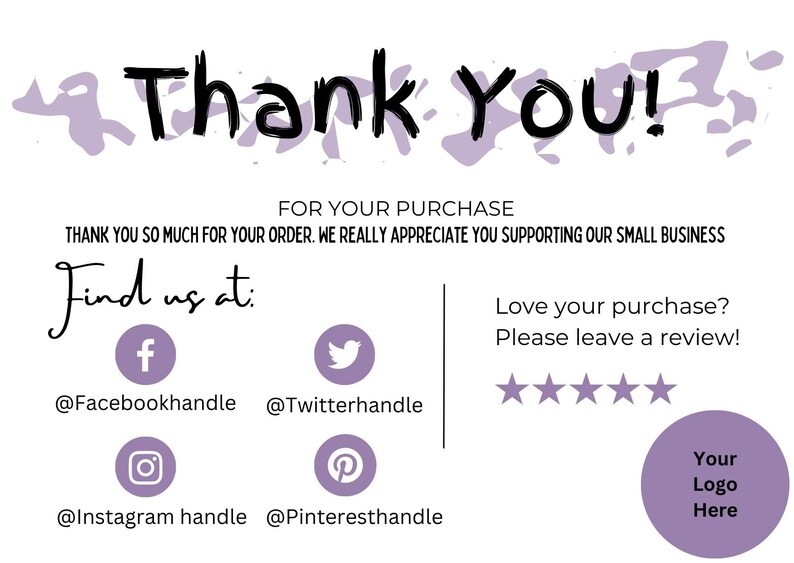 Printable Editable Thank You for Purchase Card - Digital Download, PDF ...