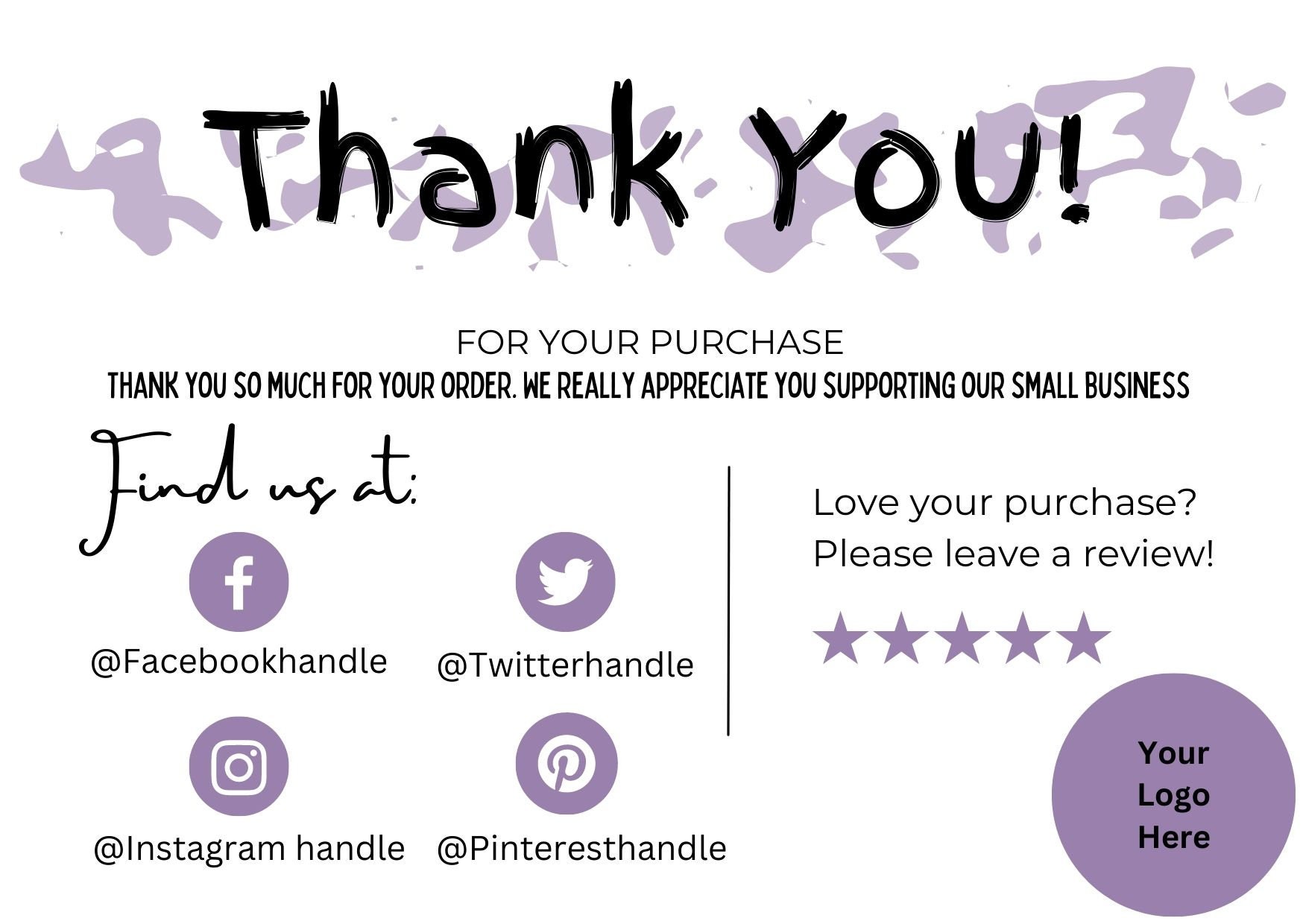 Printable Editable Thank You for Purchase Card - Digital Download, PDF ...