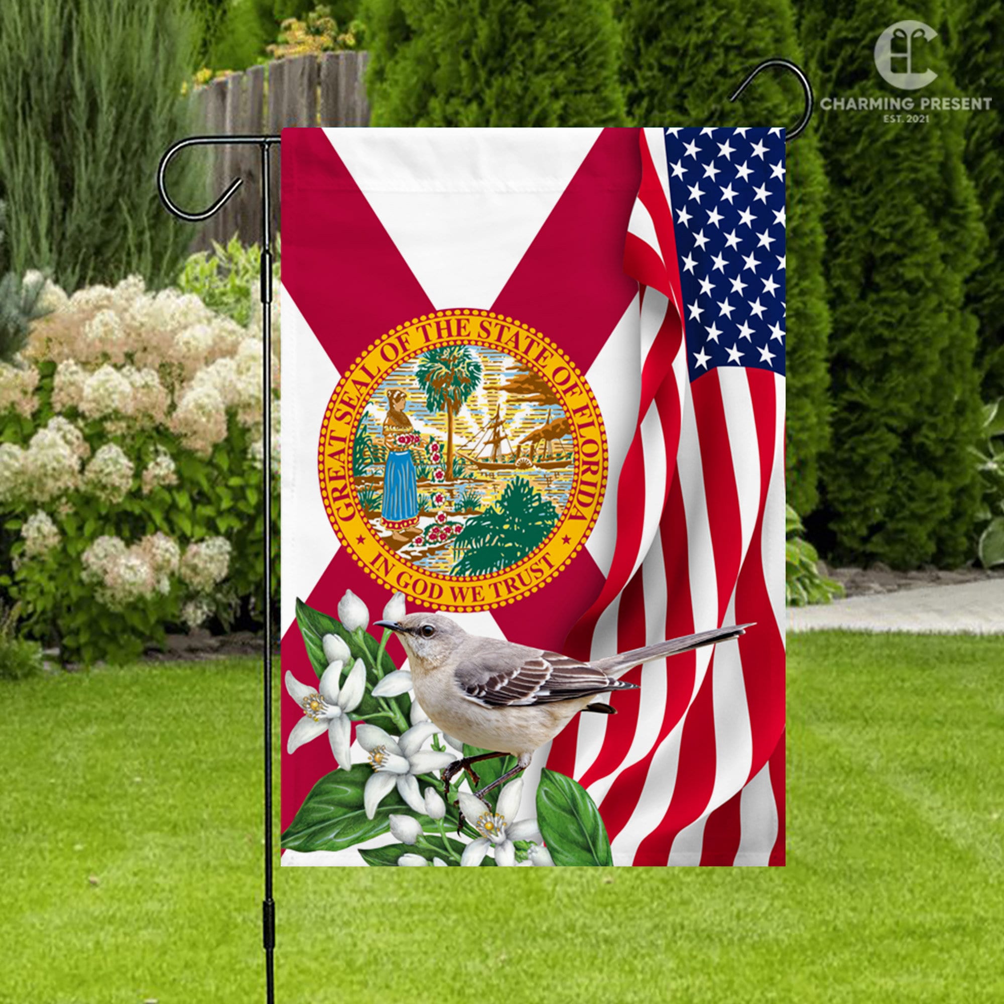Florida State Flag Mockingbird With Blossom Flower, Mockingbird With ...