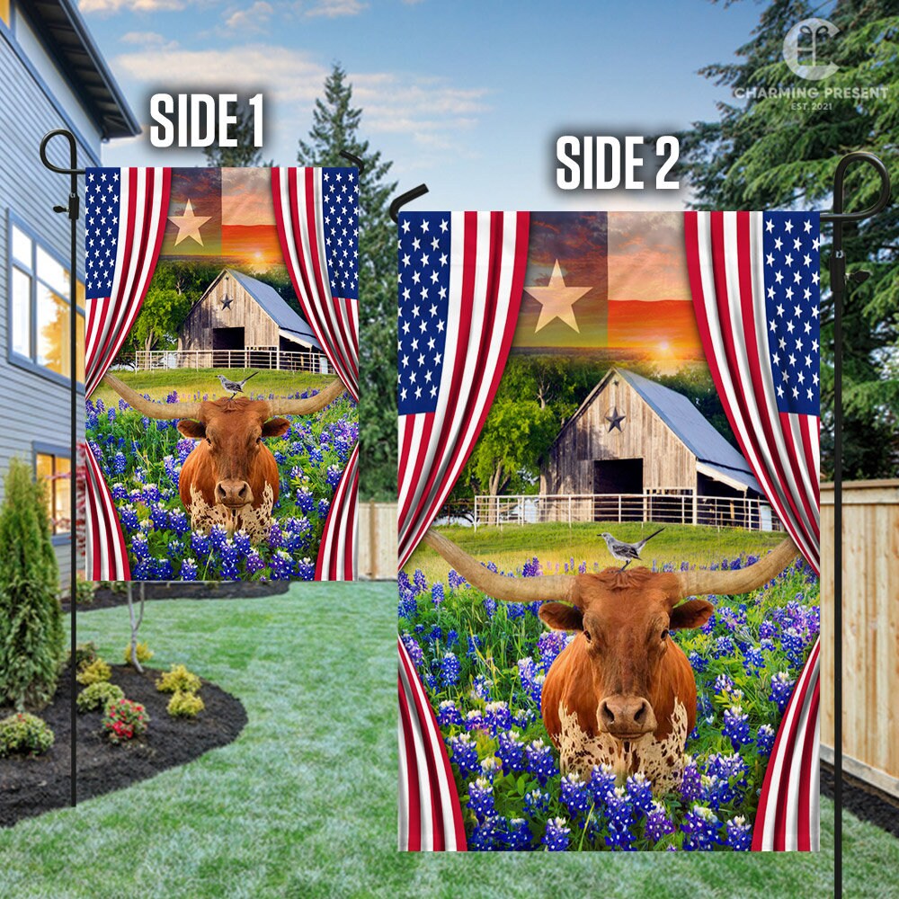 Texas Longhorn Cow Bluebonnet Flag Longhorn Cow With - Etsy