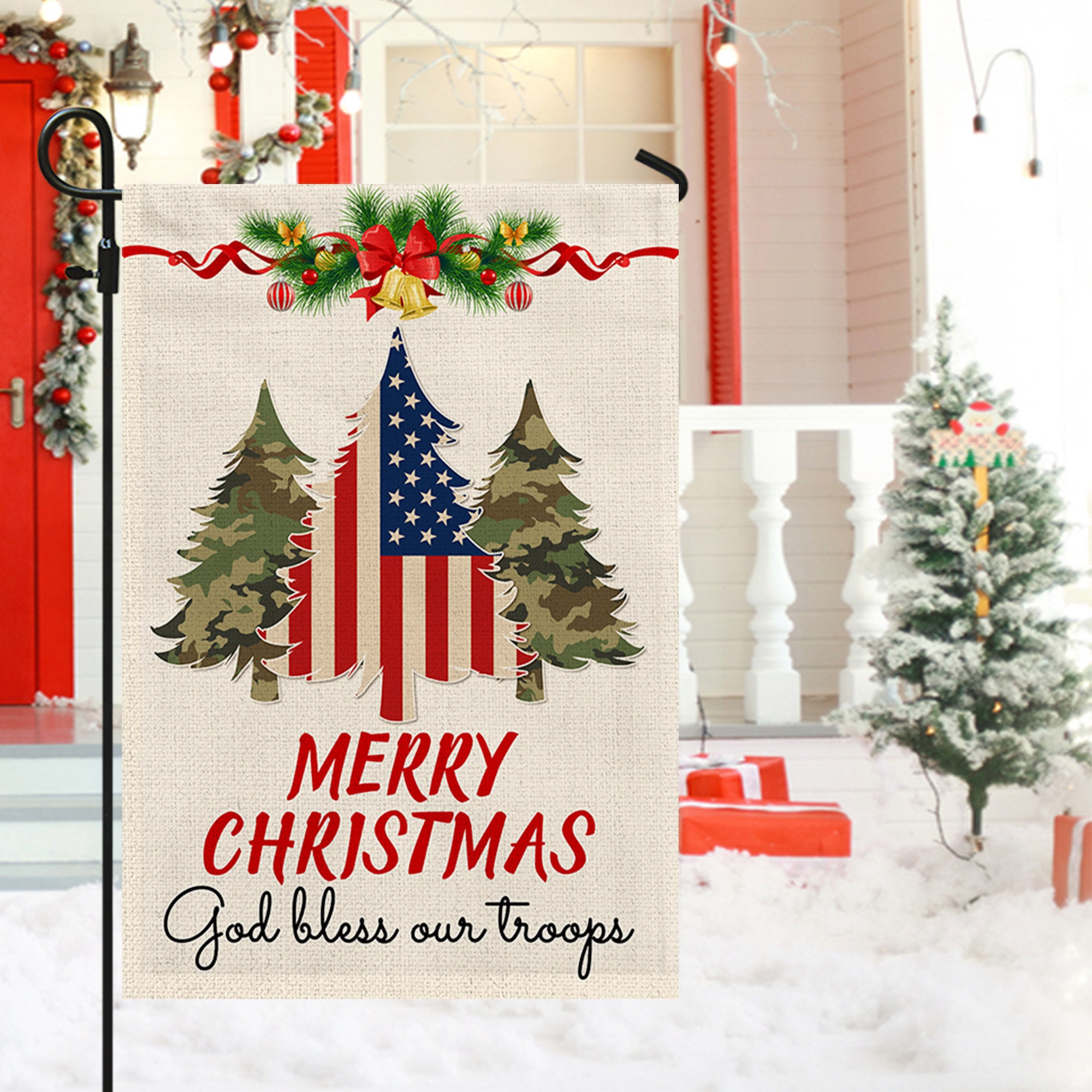 Military Veteran Christmas Flag God Bless Our Troops, Veteran Christmas ...