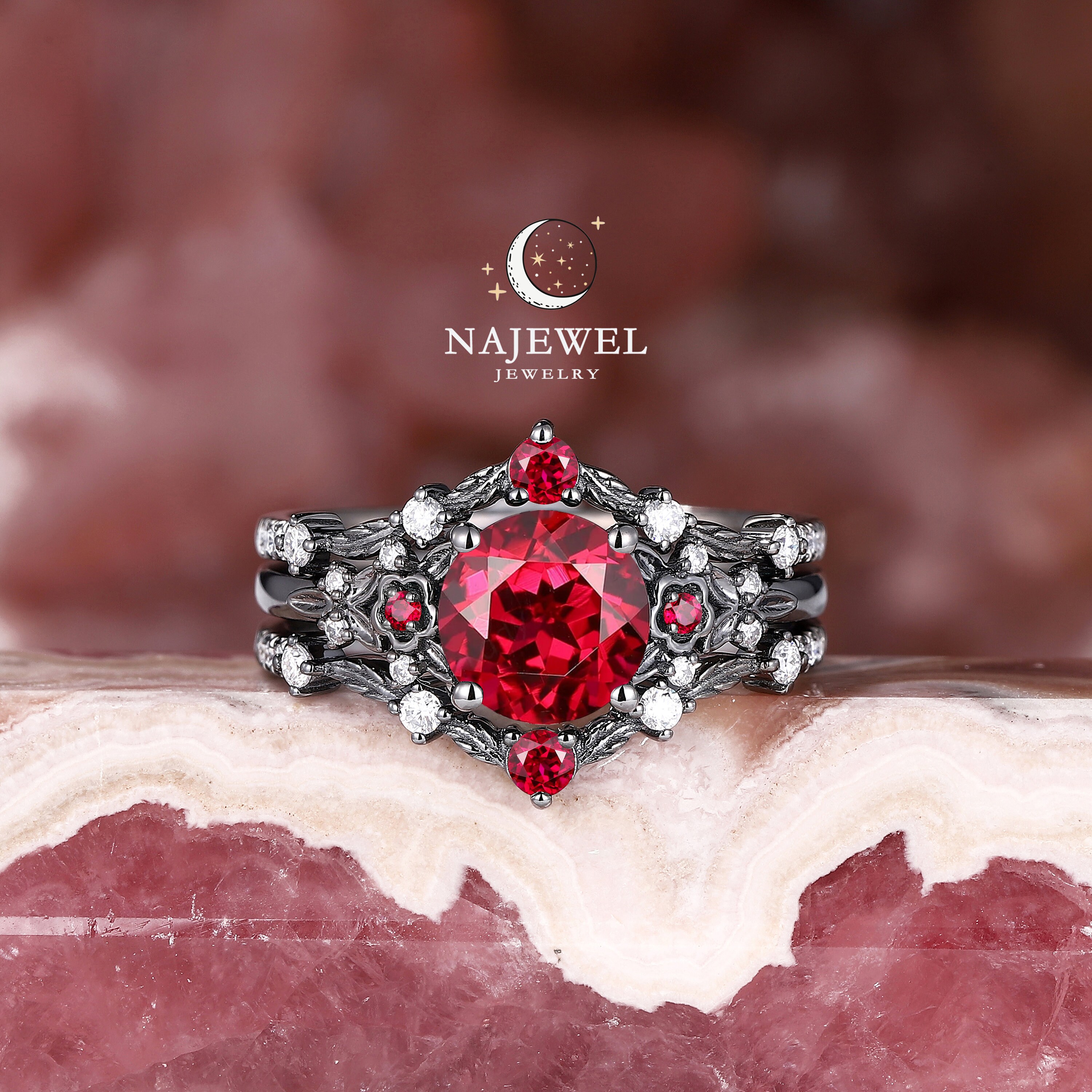 3PCS Gothic Round Ruby Engagement Ring Set,rhodium Black Gold July ...