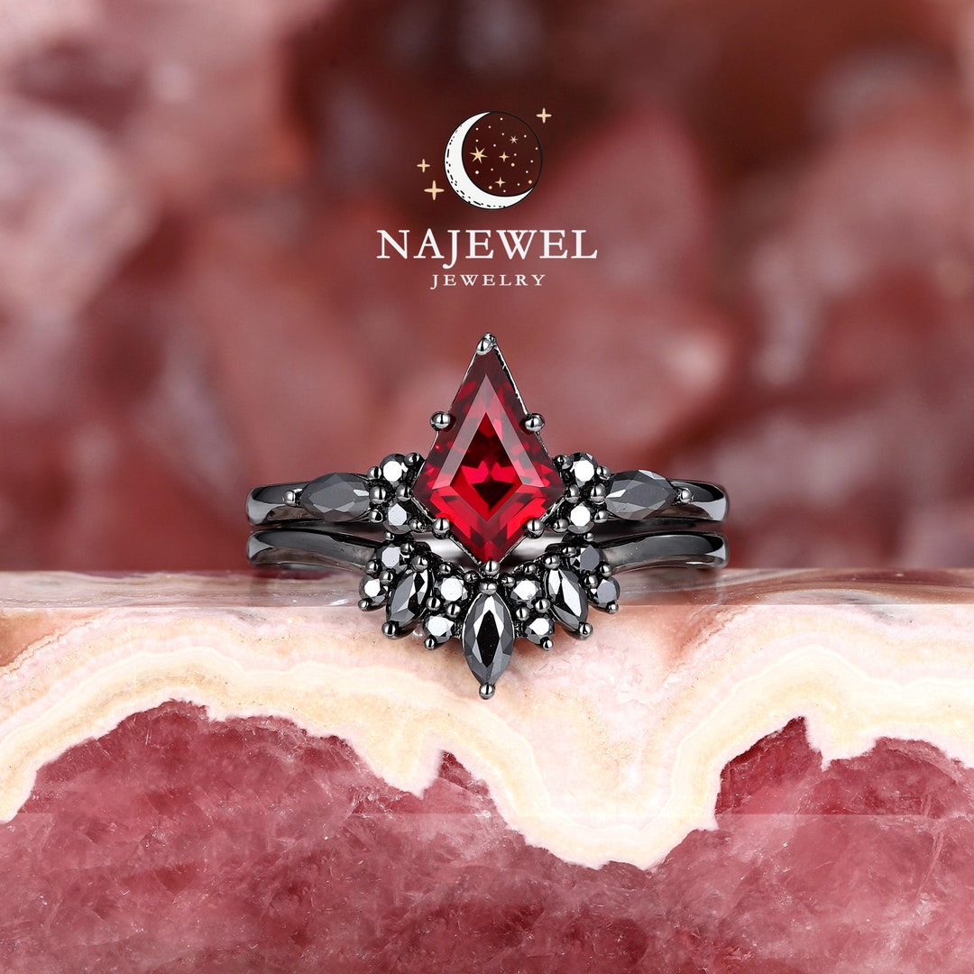 Gothic Kite Cut Ruby Engagement Ring Set, Rhodium Black Gold Cluster ...