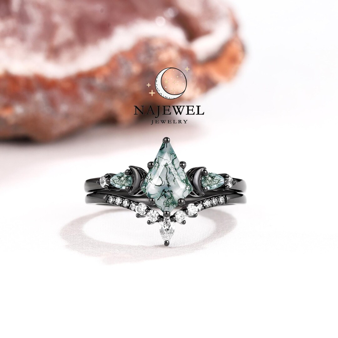 Crescent Kite Cut Natural Moss Agate Engagement Ring Set Gothic Black ...