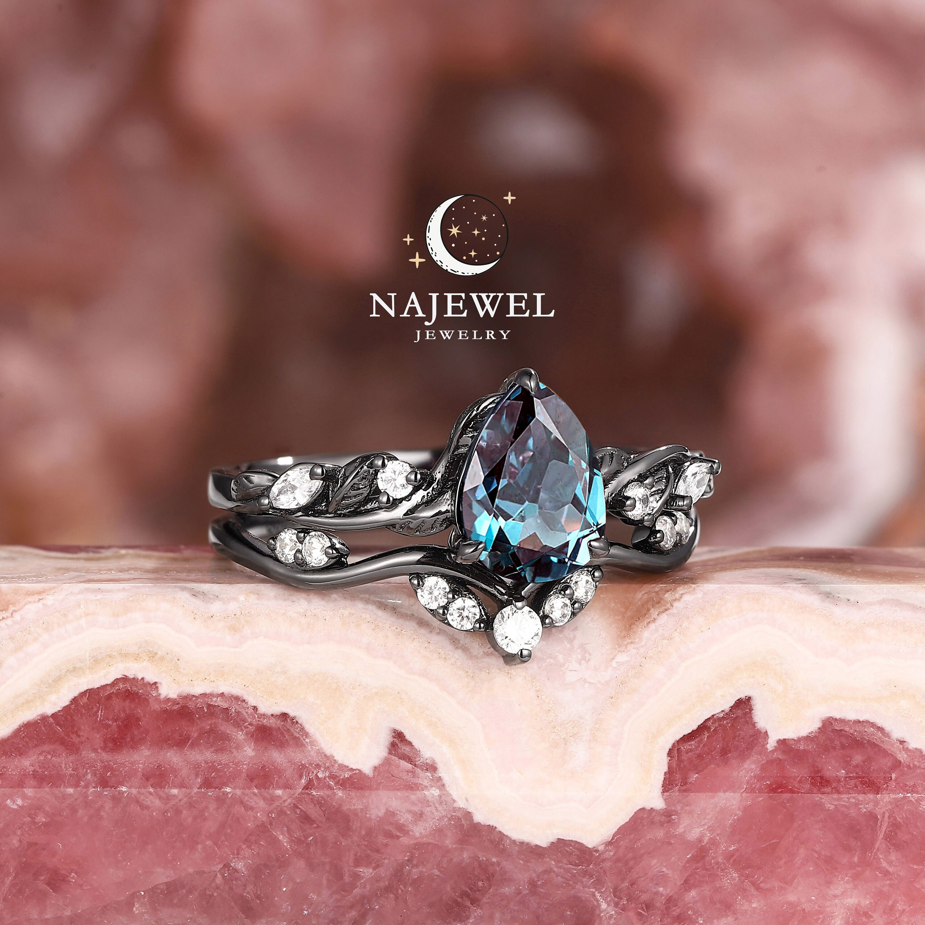 Pear Alexandrite Goth Engagement Ring Rhodium Black Gold Color Change ...