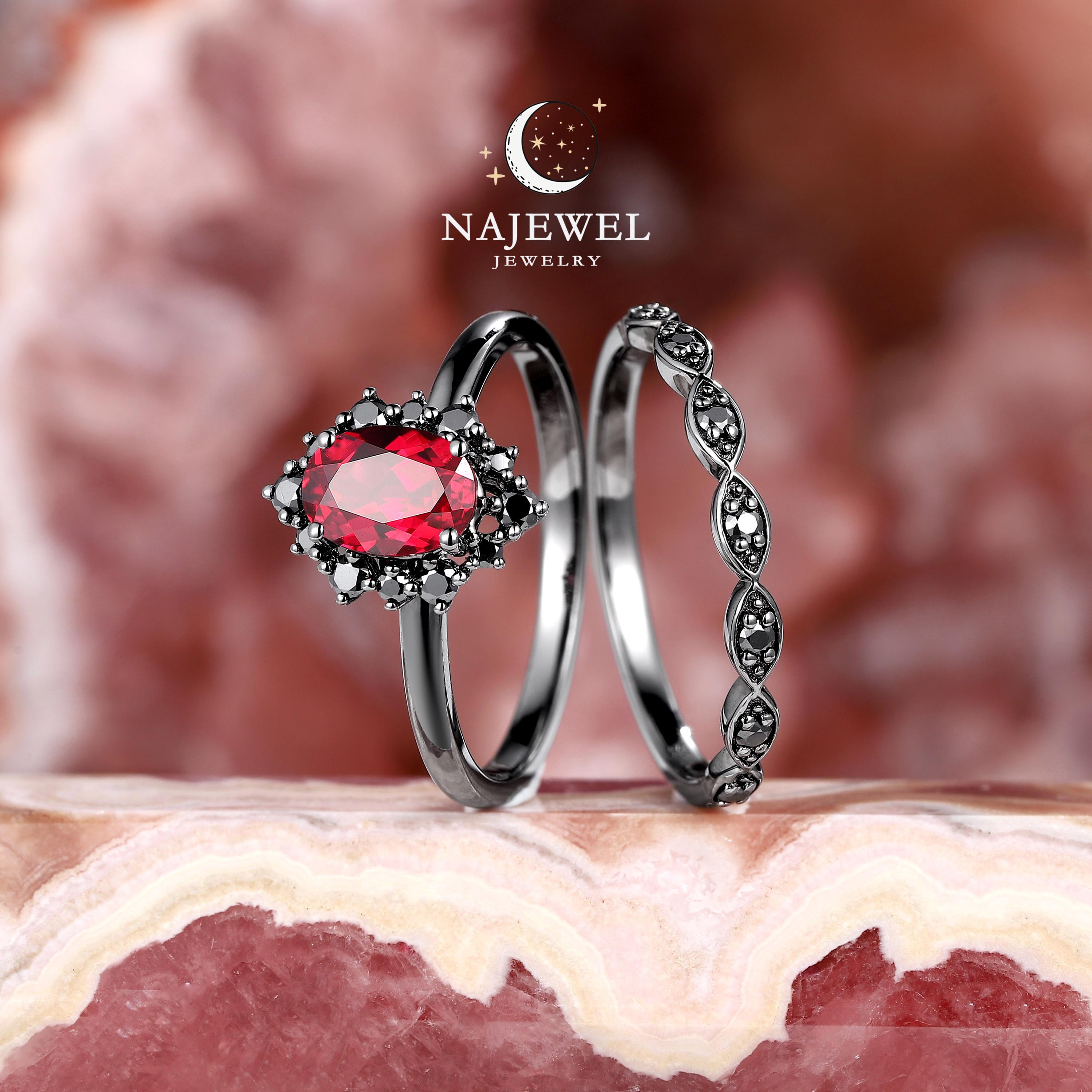 Black Gold Ruby Floral Engagement Ring Set, Oval Shape Ruby Bridal Set ...