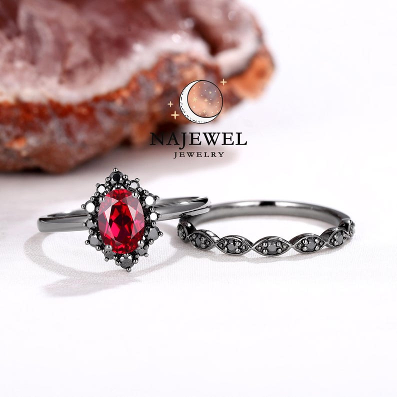 Black Gold Ruby Floral Engagement Ring Set, Oval Shape Ruby Bridal Set ...