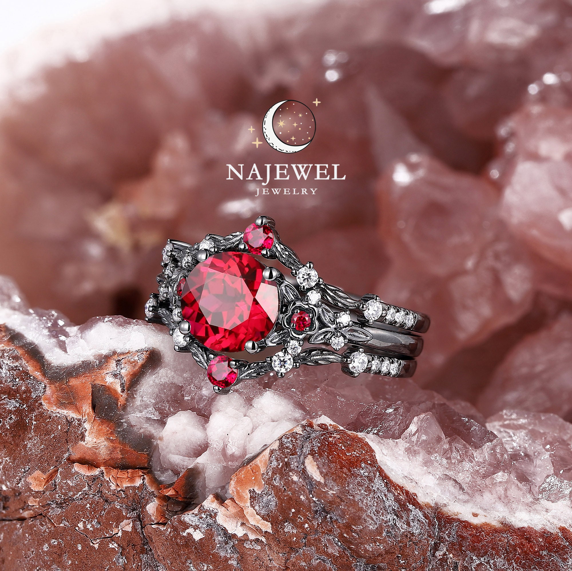 3PCS Gothic Round Ruby Engagement Ring Set,rhodium Black Gold July Birthstone Bridal Set,floral ...