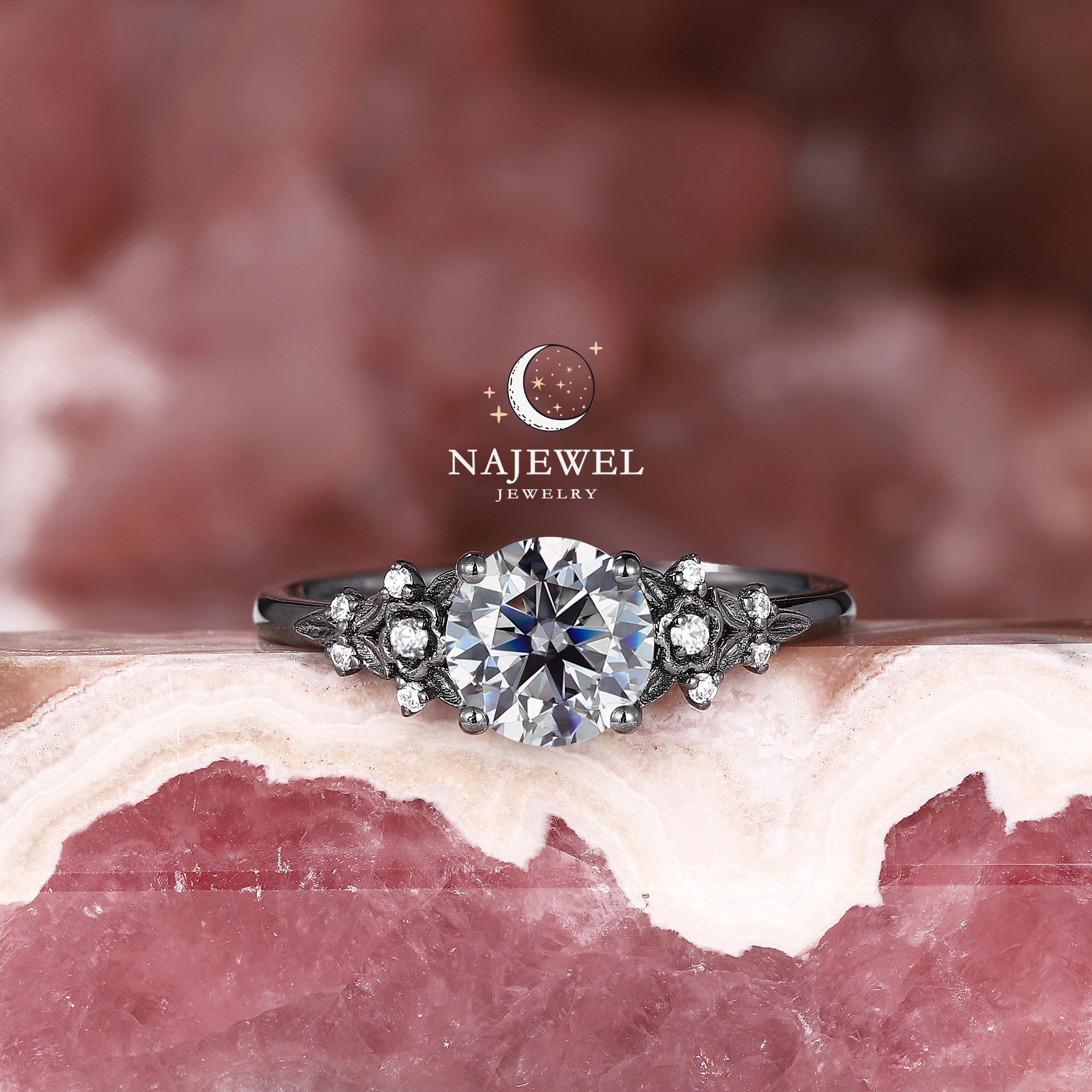 Floral Grey Moissanite Gothic Engagement Ring,rhodium Black Gold Elvish ...