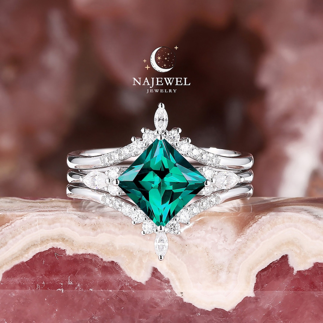 Princess Cut Emerald Engagement Ring Set, 3PCS Platinum Green Emerald ...