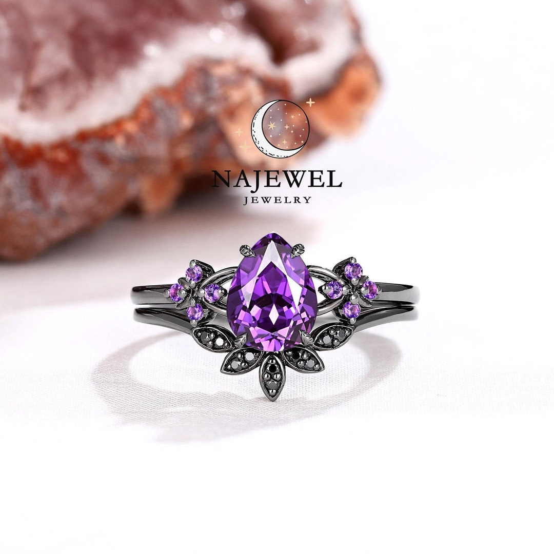 Gothic Pear Shape Purple Sapphire Cluster Engagement Ring, Punk Rhodium ...
