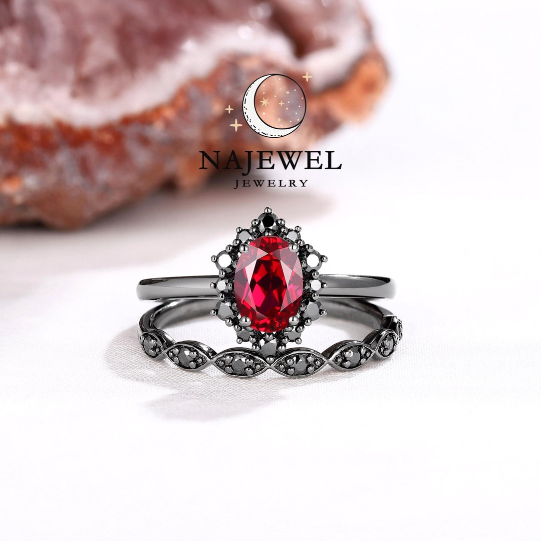 Black Gold Ruby Floral Engagement Ring Set, Oval Shape Ruby Bridal Set ...