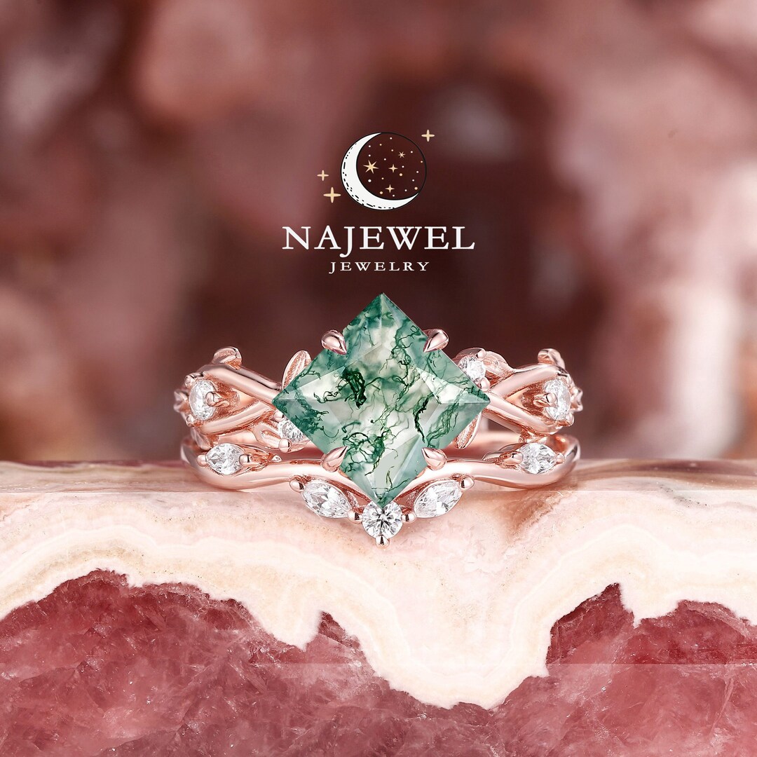 Natural Princess Cut Moss Agate Engagement Ring Set 14K Rose Gold Green ...