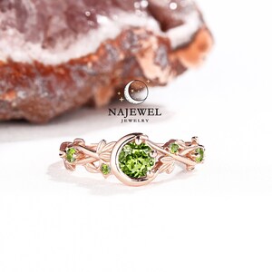 Crescent Round Cut Peridot Engagement Ring, Star and Moon August Birthstone Rose Gold Promise ...