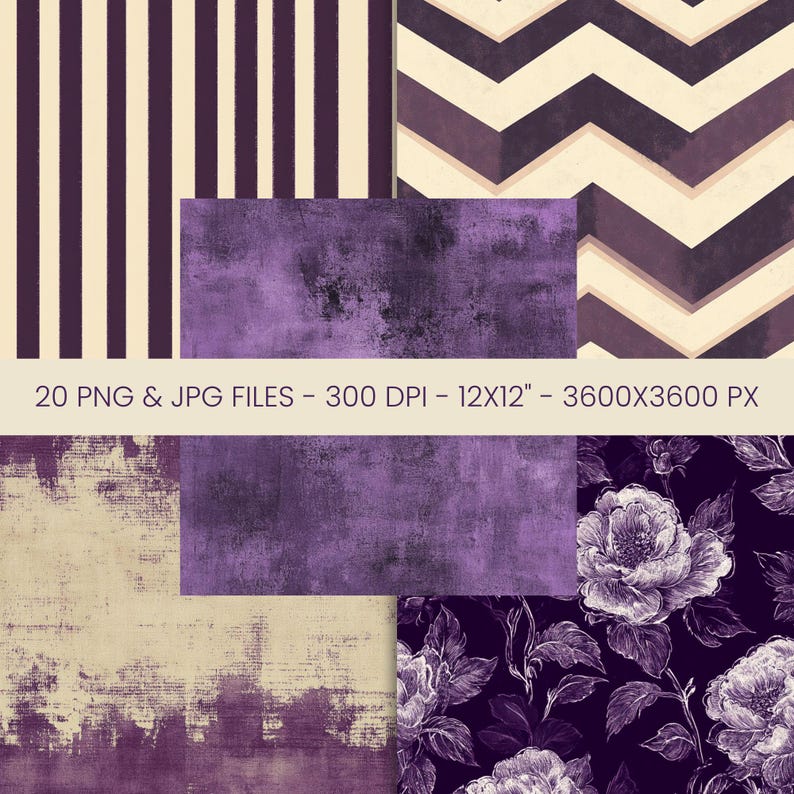 Vintage Deep Violet Digital Paper Pack: Seamless Scrapbook Designs (PNG ...
