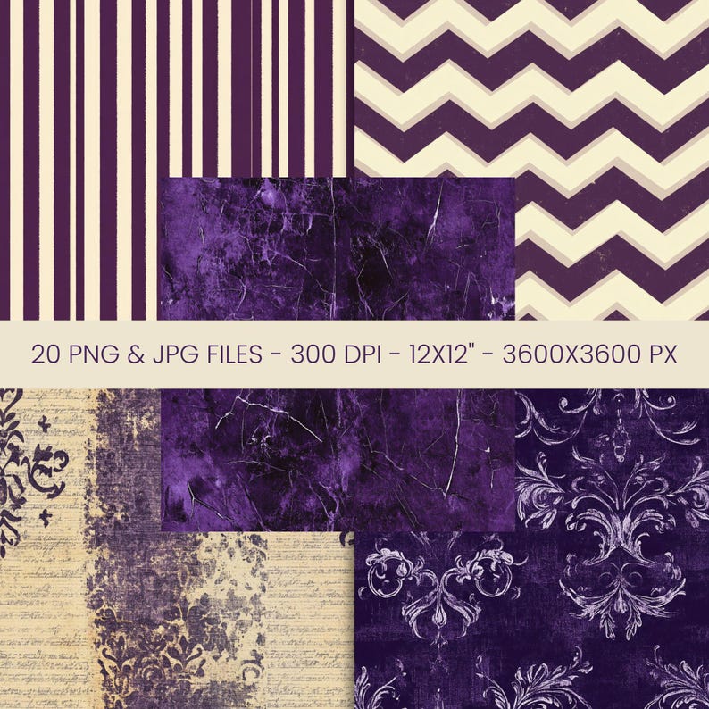 Vintage Deep Violet Digital Paper Pack: Seamless Scrapbook Designs (PNG ...