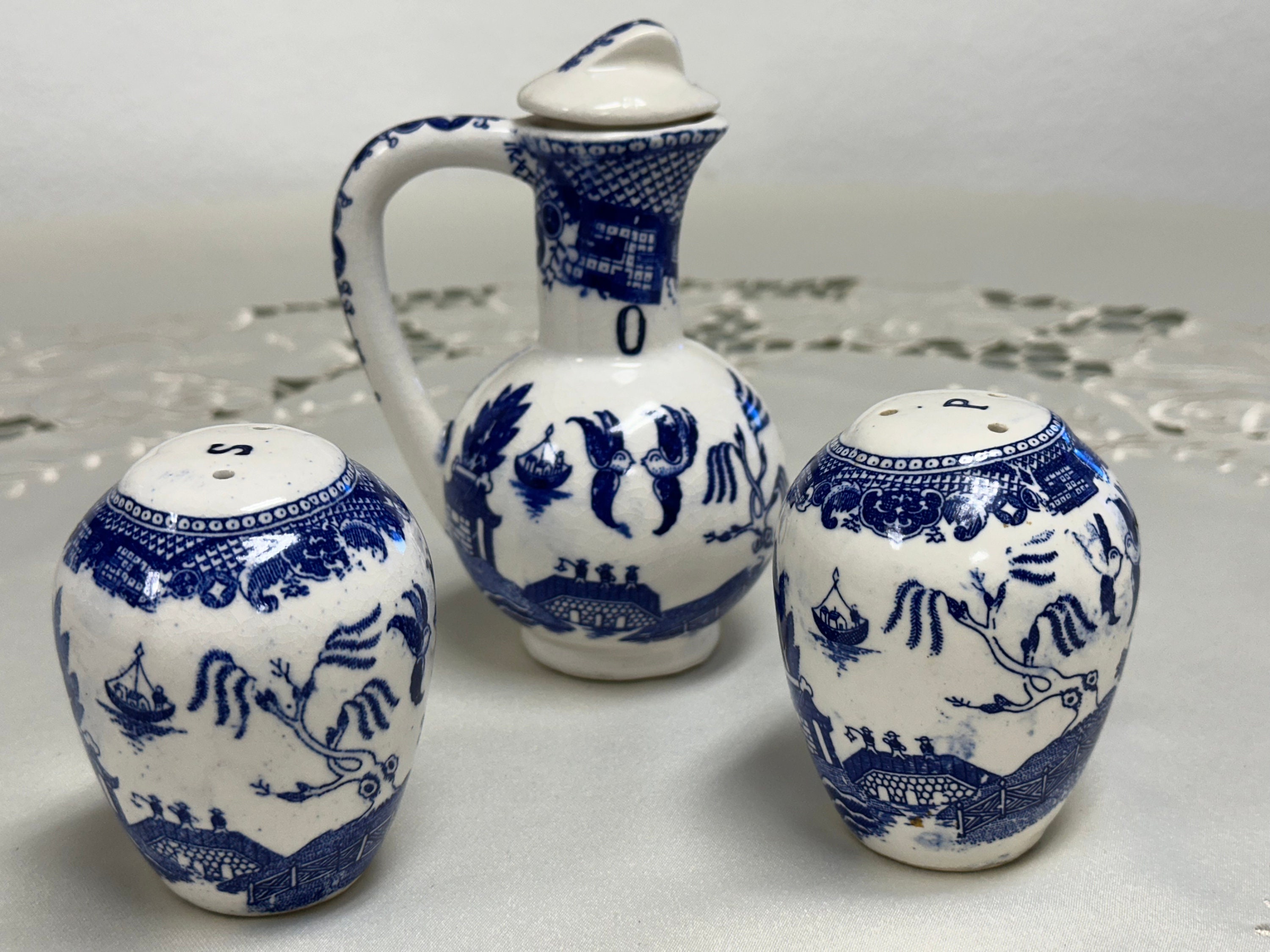 Antique, Vintage Chinese Blue Willow Set of an Oil Cruet and Salt and ...