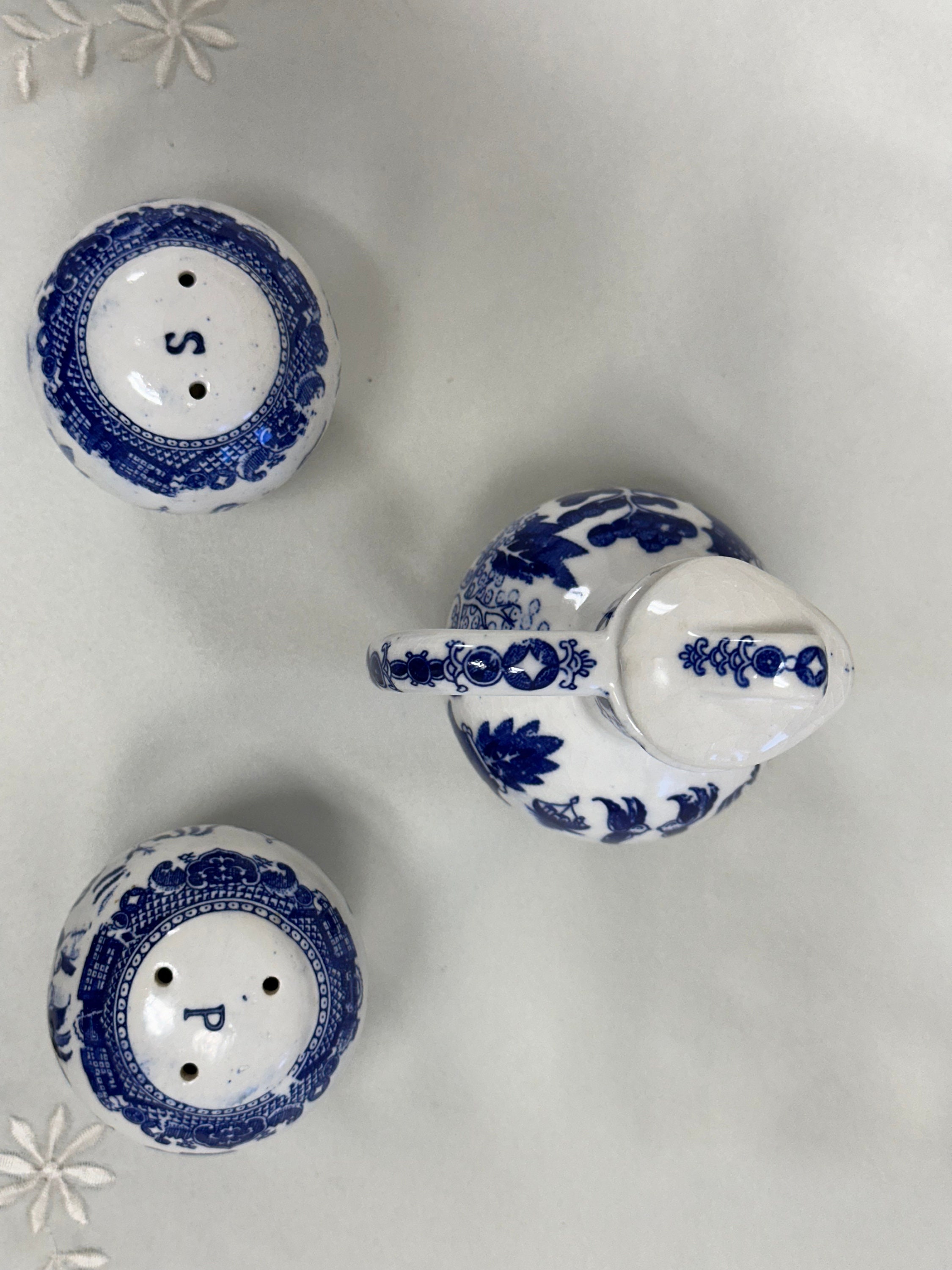 Antique, Vintage Chinese Blue Willow Set of an Oil Cruet and Salt and ...