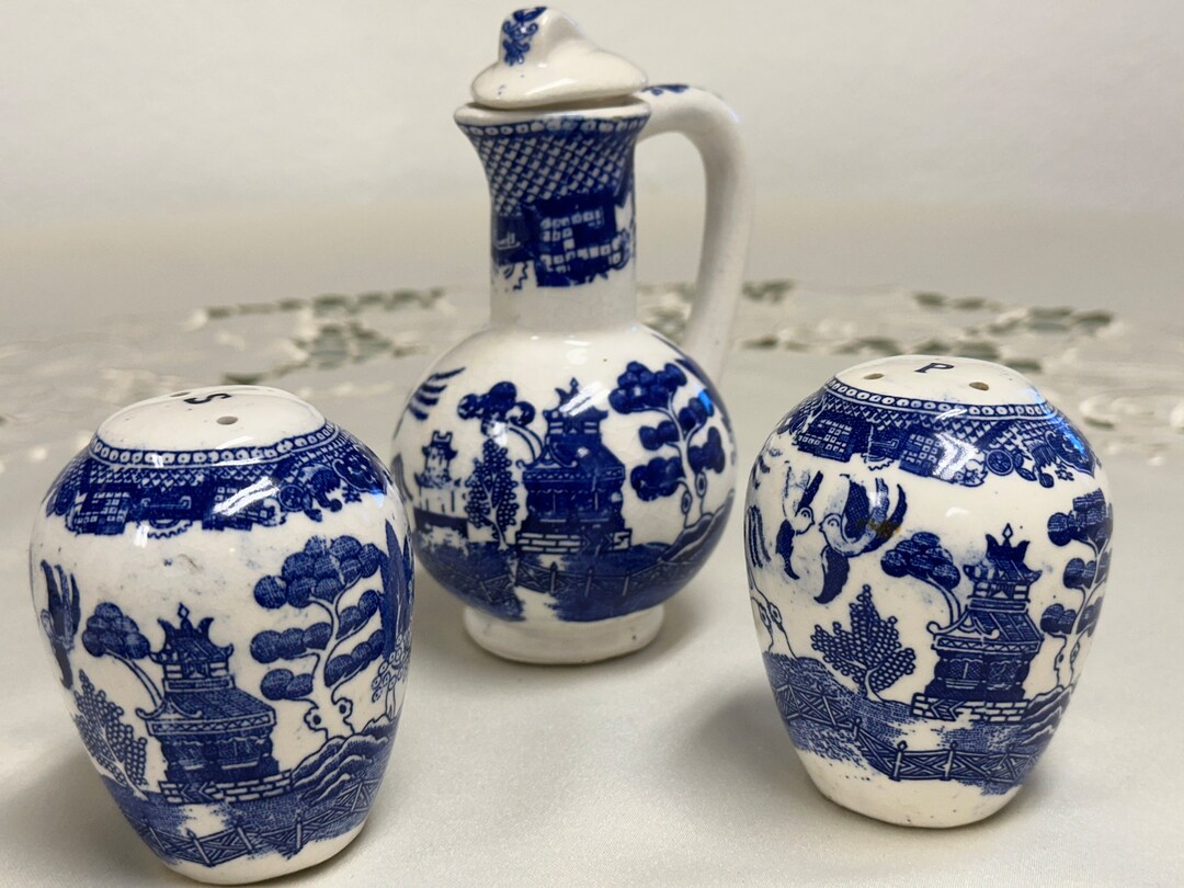 Antique, Vintage Chinese Blue Willow Set of an Oil Cruet and Salt and ...