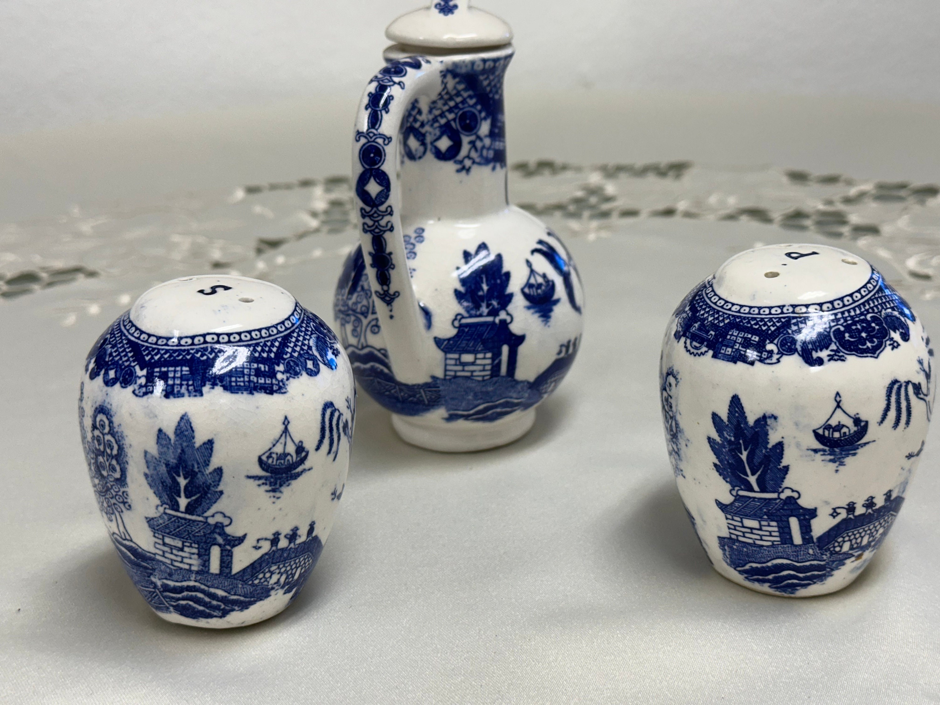 Antique, Vintage Chinese Blue Willow Set of an Oil Cruet and Salt and ...
