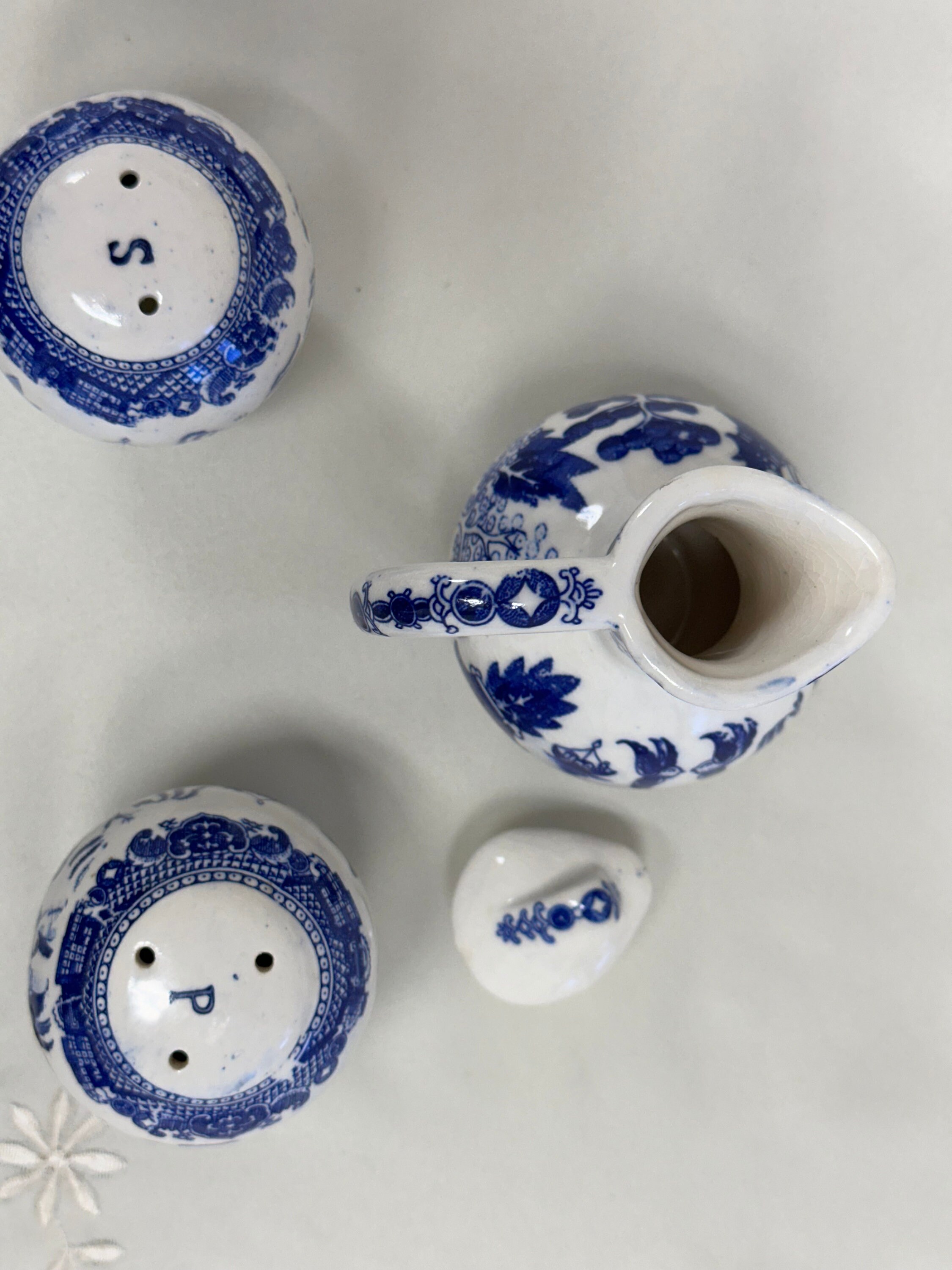 Antique, Vintage Chinese Blue Willow Set of an Oil Cruet and Salt and ...