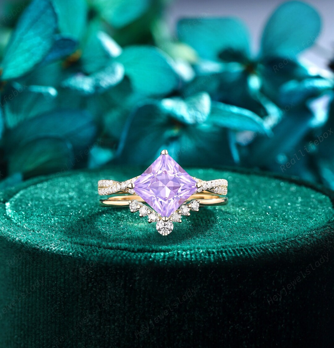Princess Cut Lavender Amethyst Bridal Set,14k Yellow Gold Amethyst ...