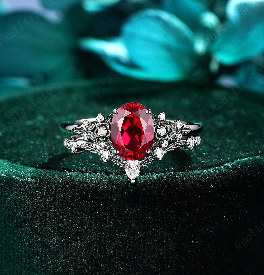 Oval Shape Ruby Gothic Engagement Ring Set Vintage Rhodium Black Gold ...