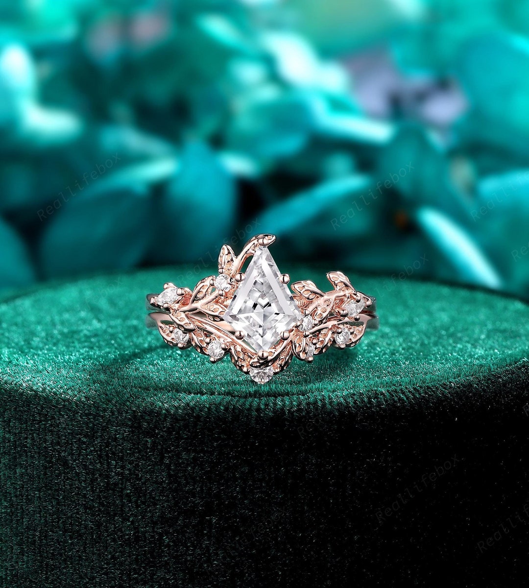 Nature Inspired Kite Cut Moissanite Engagement Ring Set, Vintage 14K ...