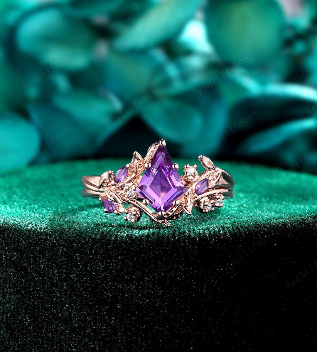 Kite Cut Violet Amethyst Engagement Ring 14K Rose Gold Nature Inspired ...
